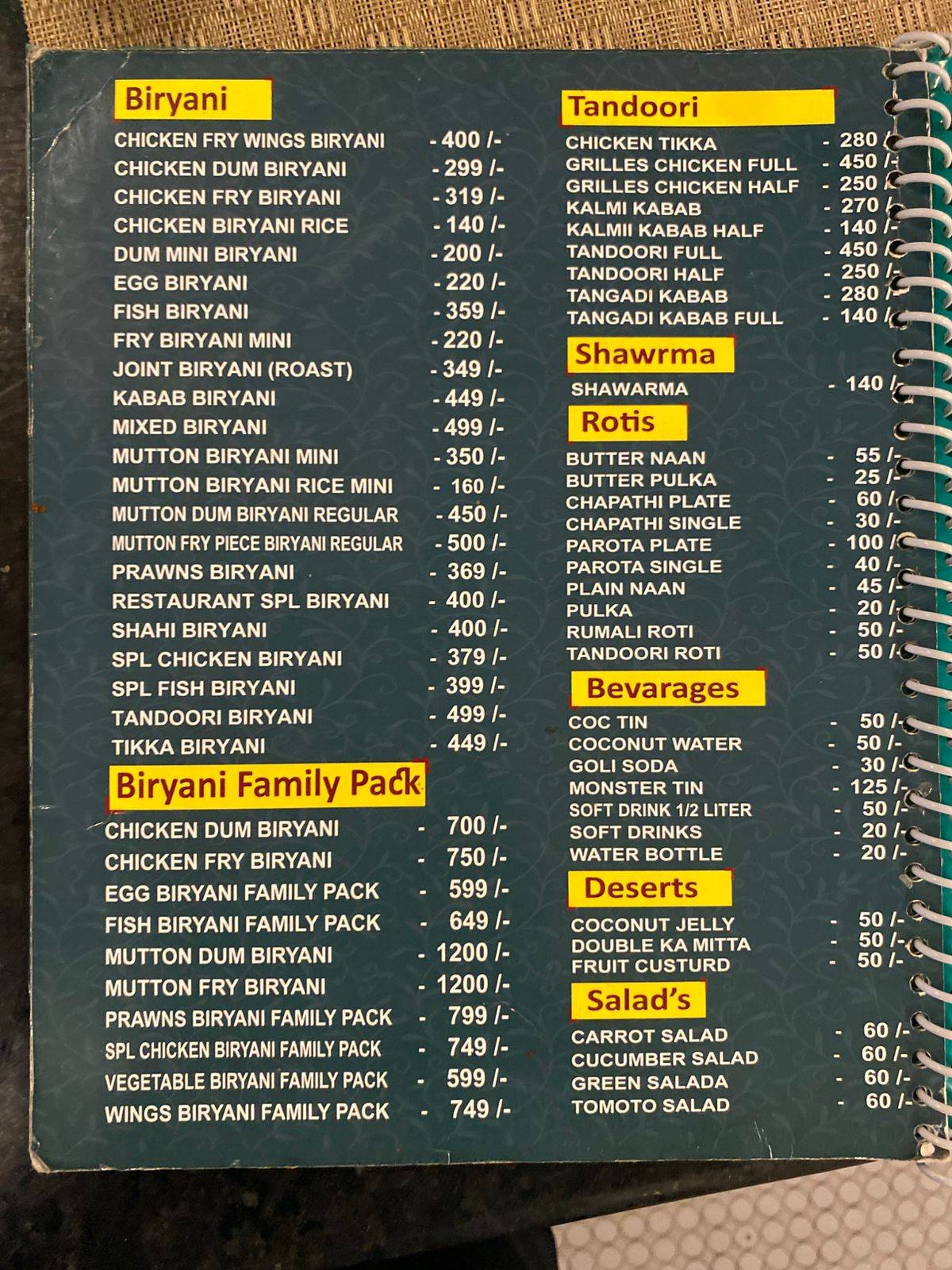 Menu at Grand Peshawar, Vijayawada