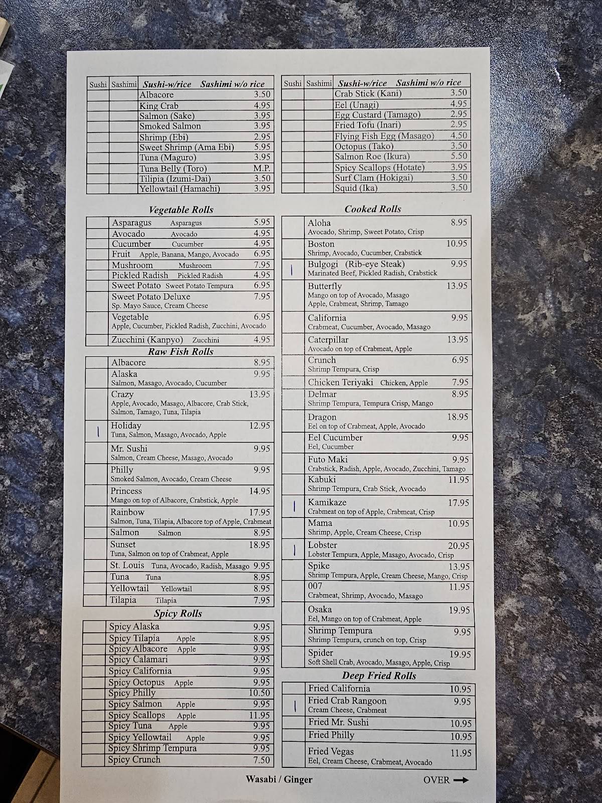 Menu at Osaka Sushi Cafe, Granite City, Nameoki Rd