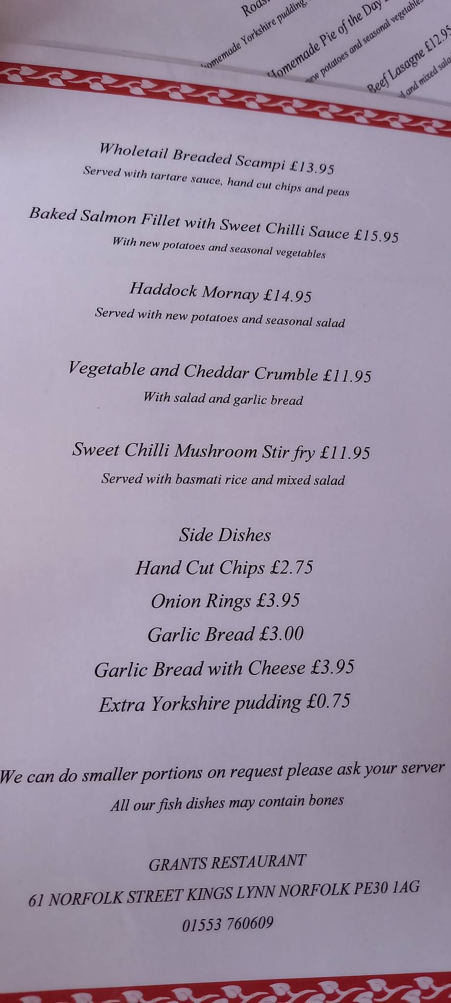 Menu at Grants Restaurant, King's Lynn