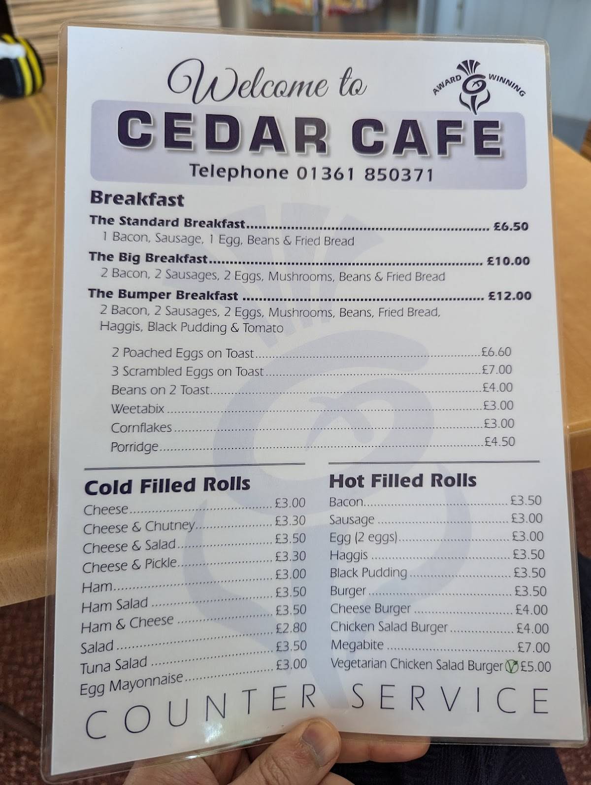 Menu at Cedar Café cafe, Grantshouse