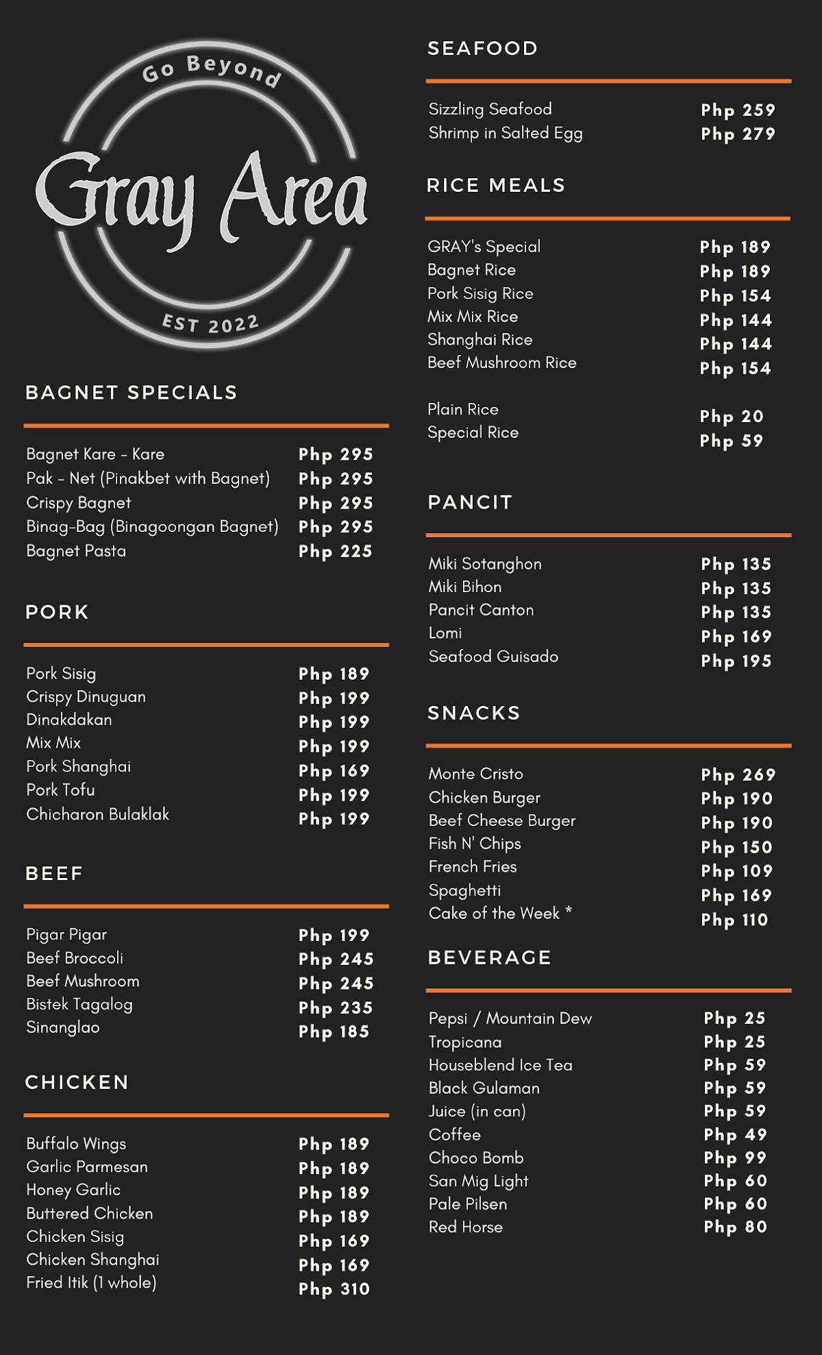 Menu at Gray Area Baguio restaurant, Baguio