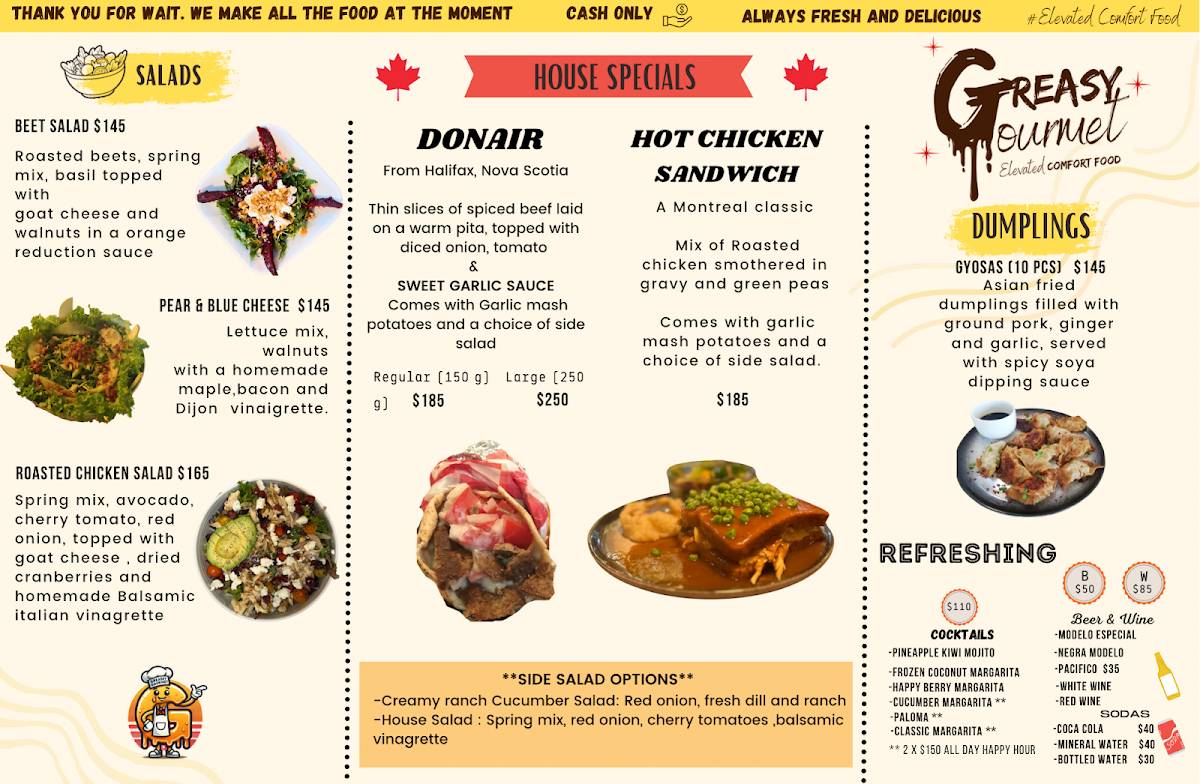 Menu at Greasy Gourmet restaurant, Puerto Vallarta, Lázaro Cárdenas 534