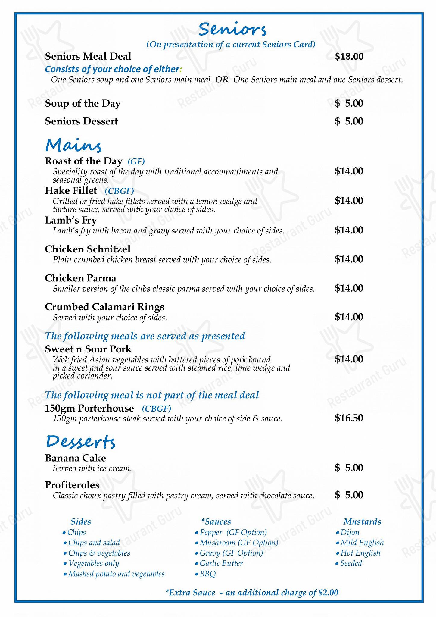 Menu at Greensborough RSL pub & bar, Greensborough