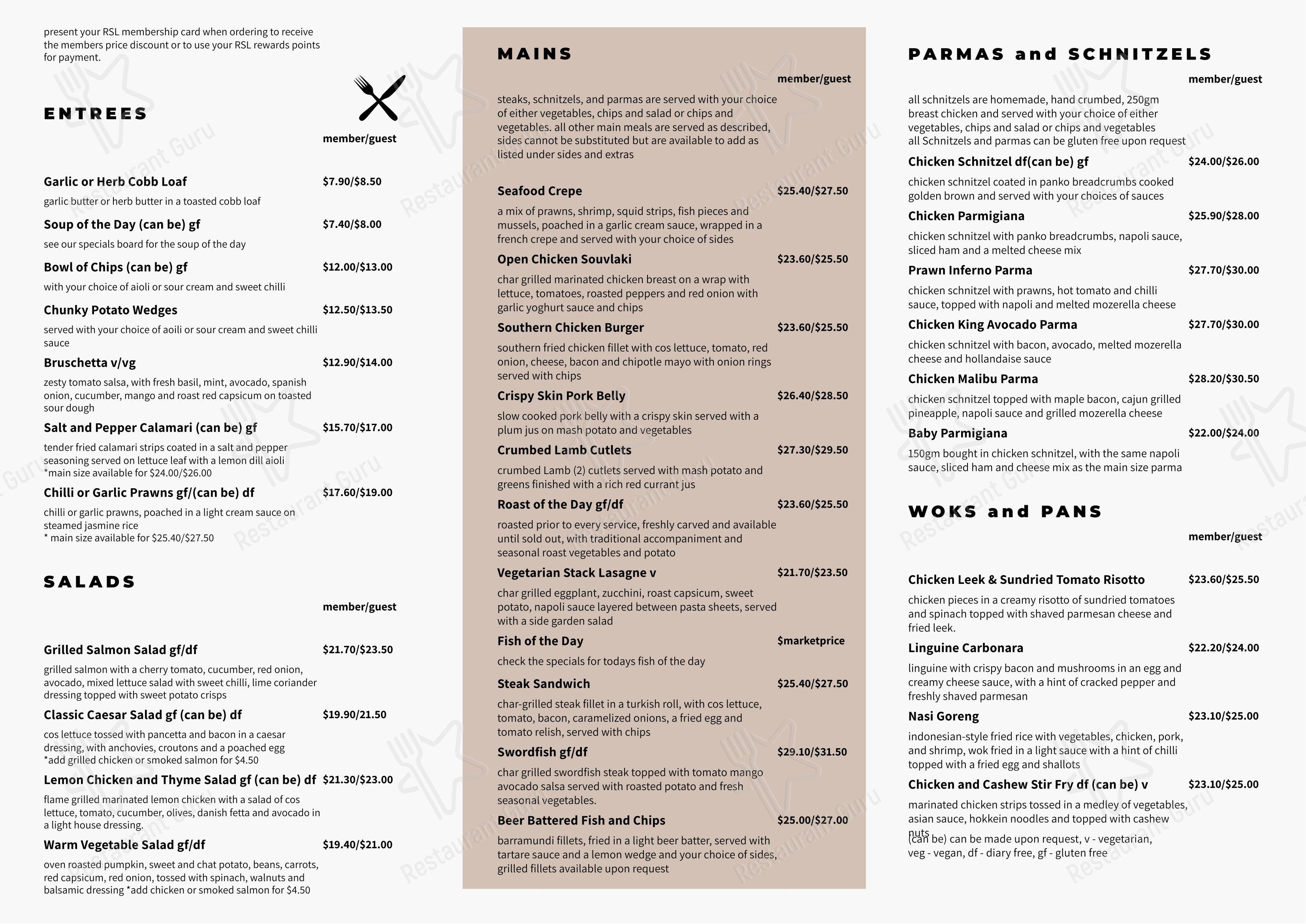 Menu at Greensborough RSL pub & bar, Greensborough