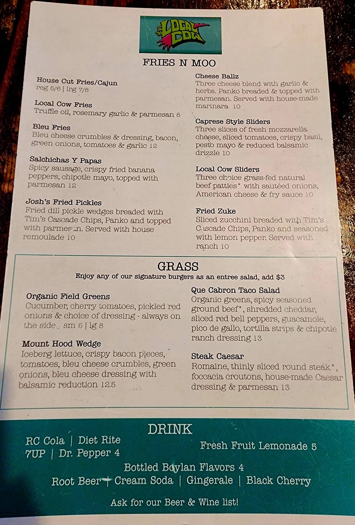 Menu at The Local Cow fast food, Gresham