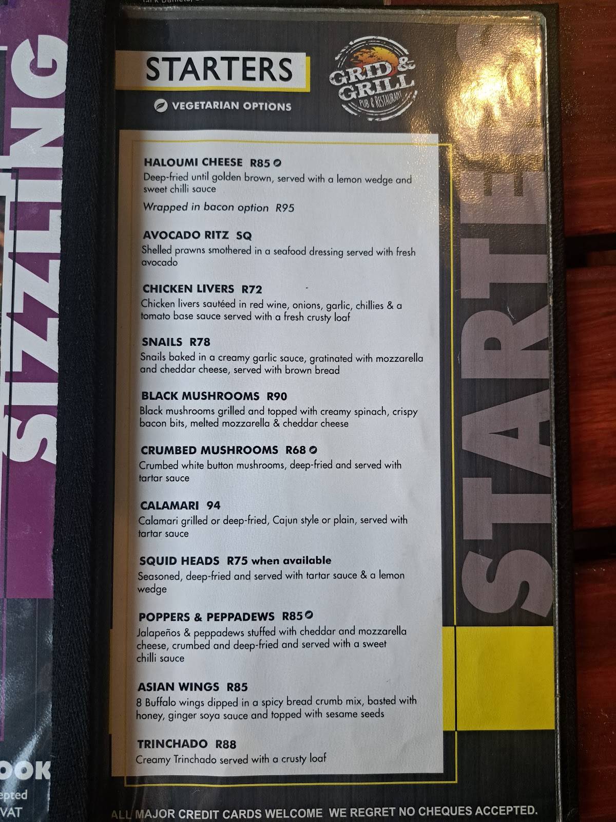 Menu at Grid & Grill restaurant, Benoni