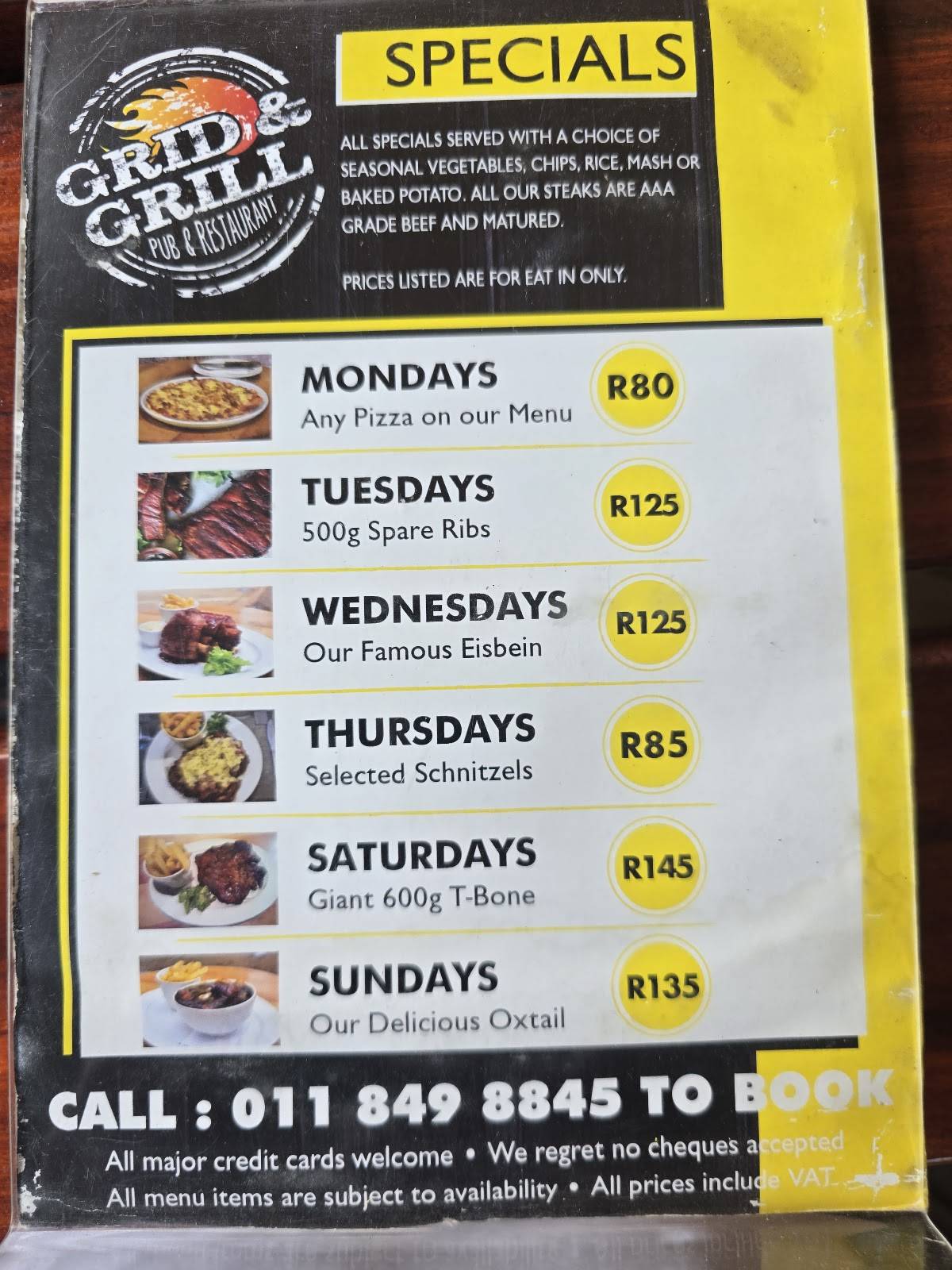 Menu at Grid & Grill restaurant, Benoni