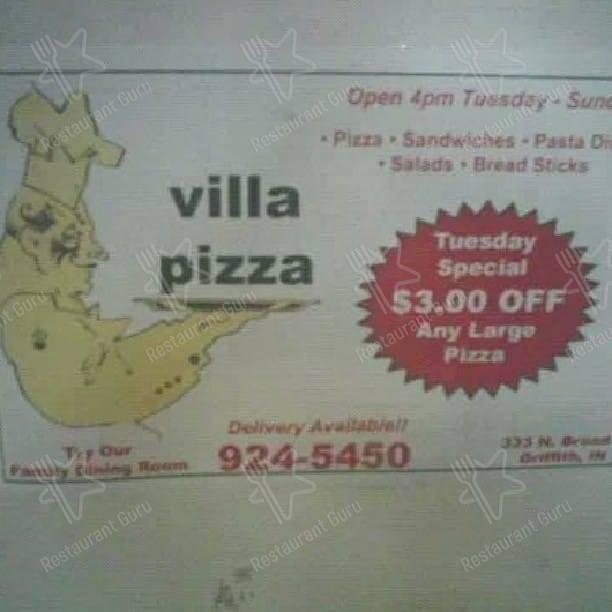 Menu at Villa Pizza pizzeria, Griffith