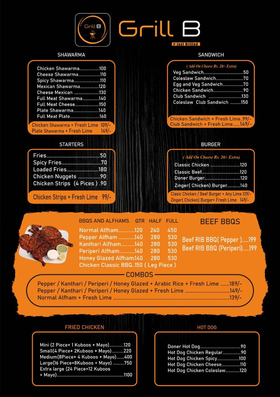 Menu at Grill B, Ernakulam