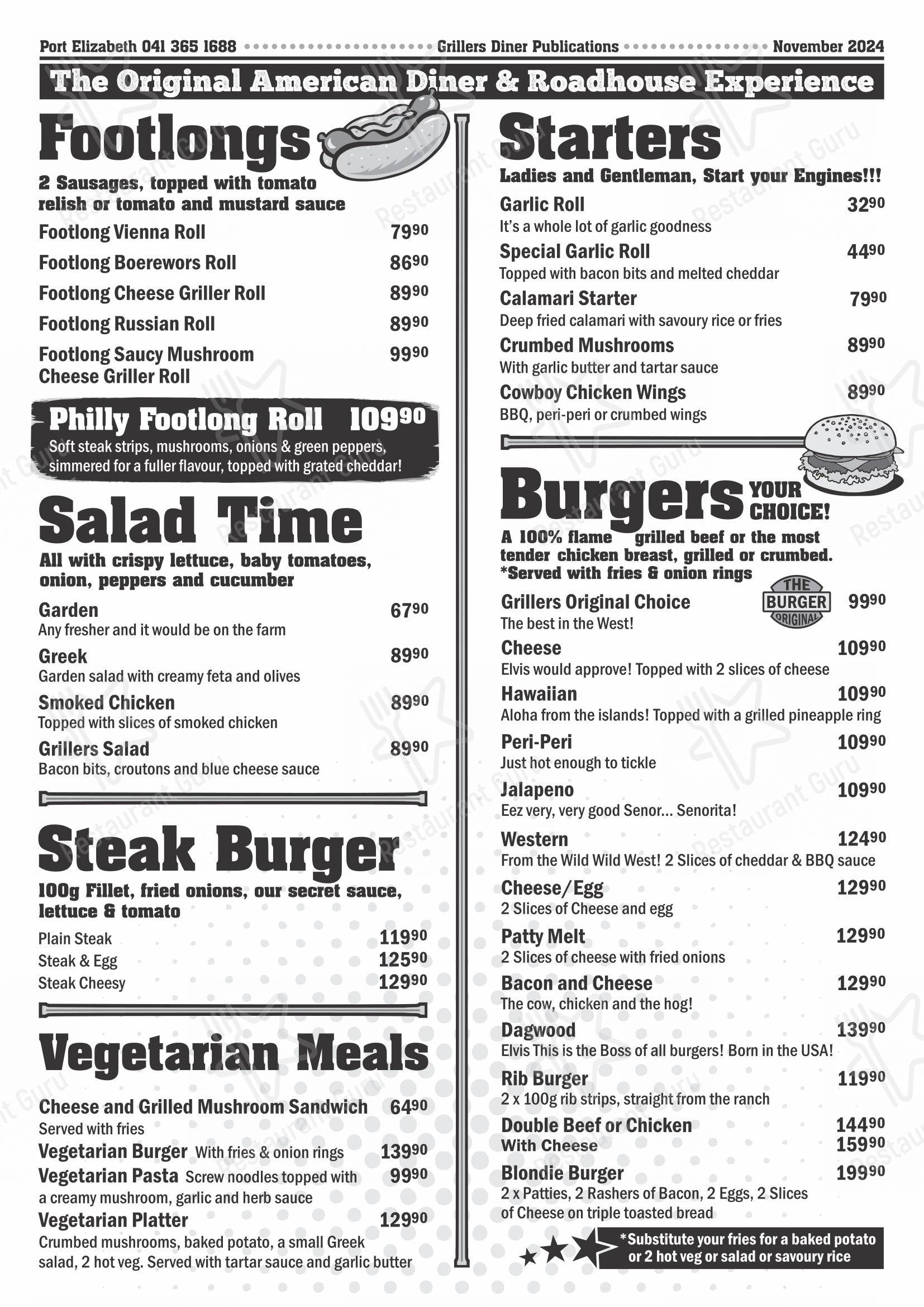 Menu at Grillers restaurant, Port Elizabeth
