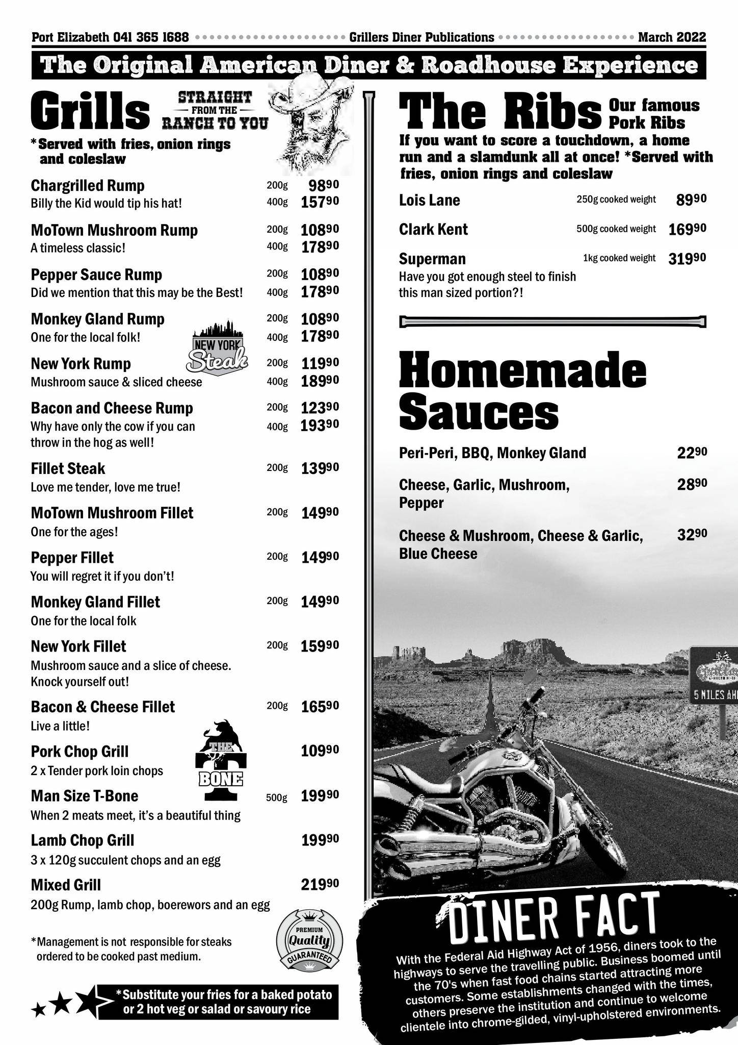 Menu at Grillers restaurant, Port Elizabeth