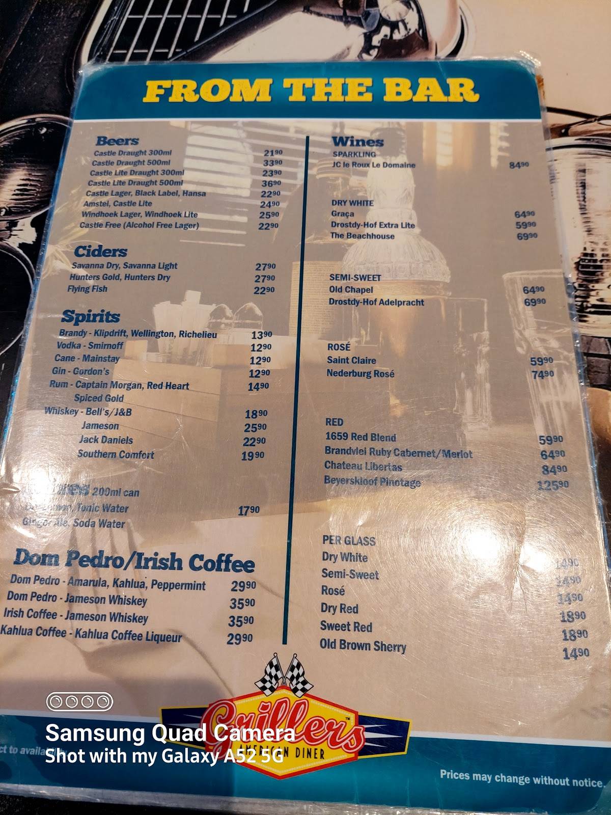 Menu at Grillers restaurant, Port Elizabeth