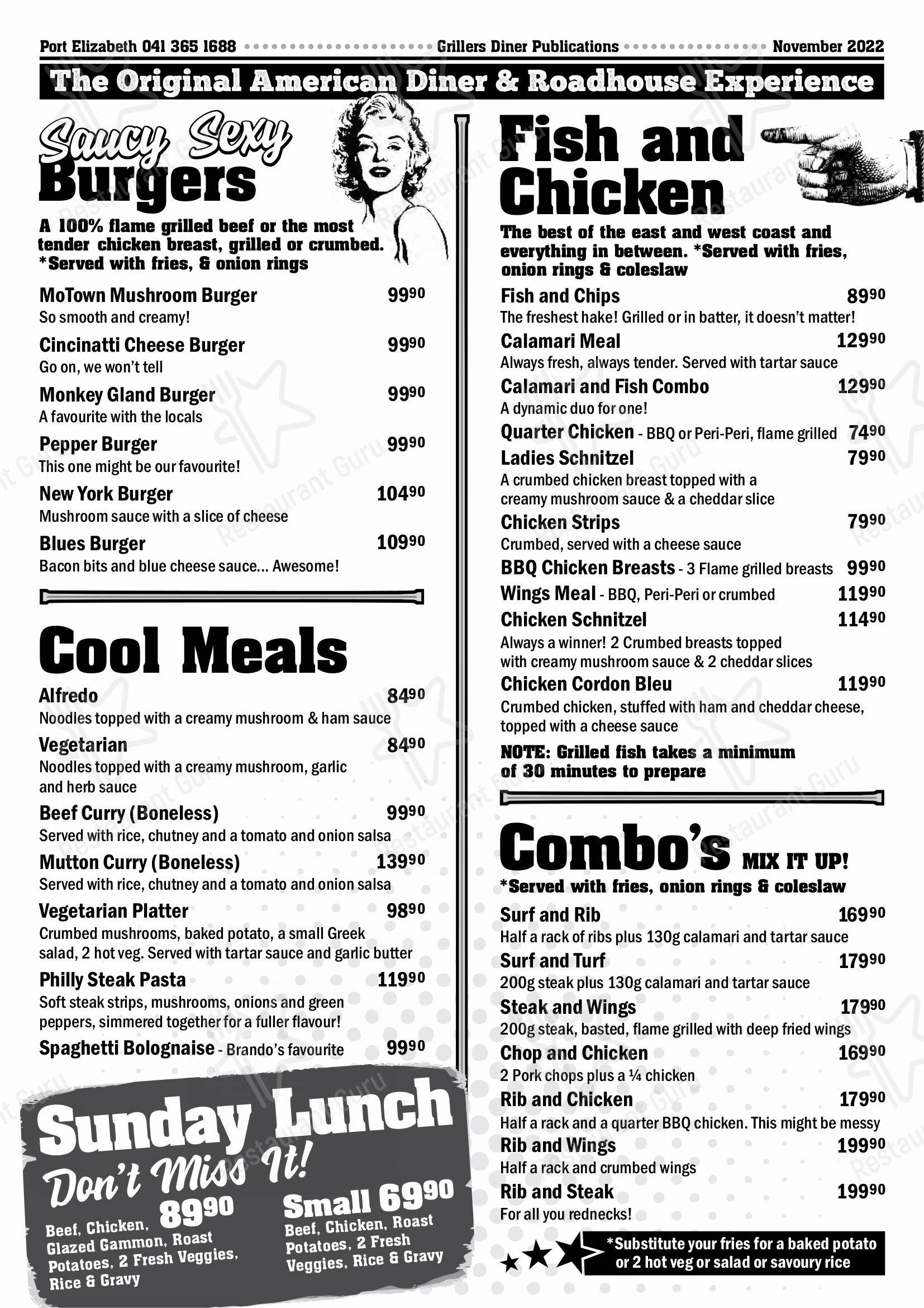 Menu at Grillers restaurant, Port Elizabeth