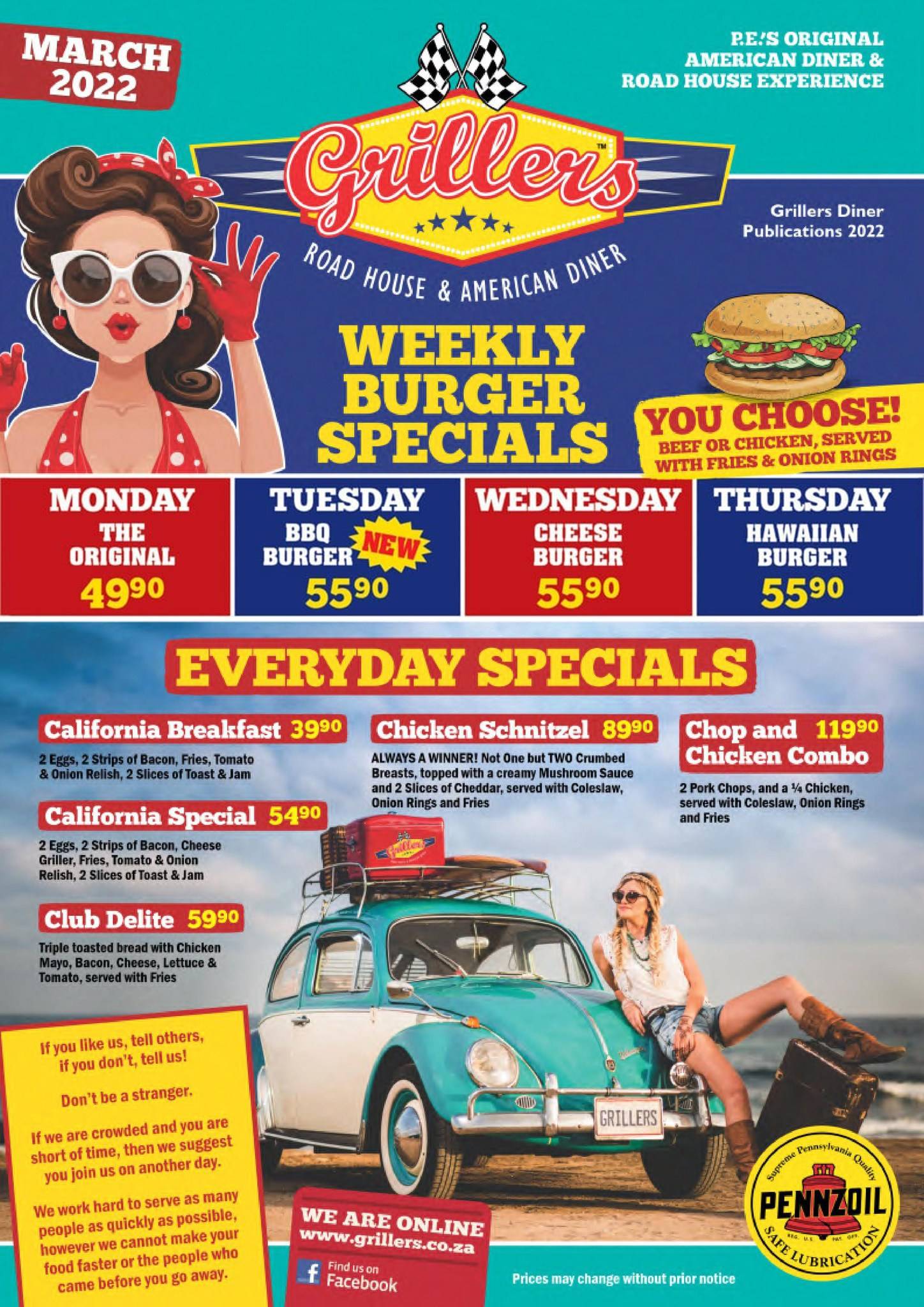 Menu at Grillers restaurant, Port Elizabeth
