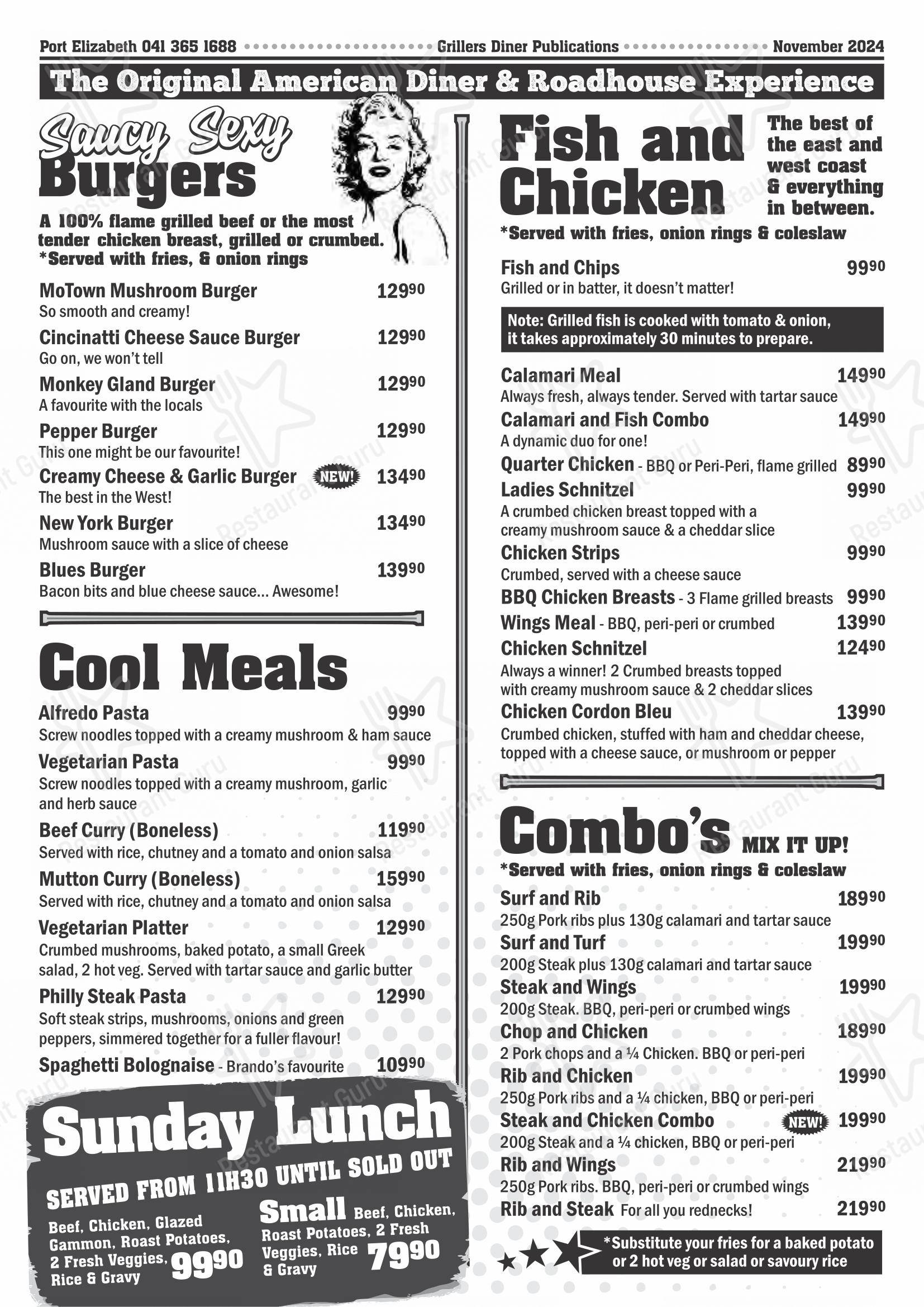 Menu at Grillers restaurant, Port Elizabeth