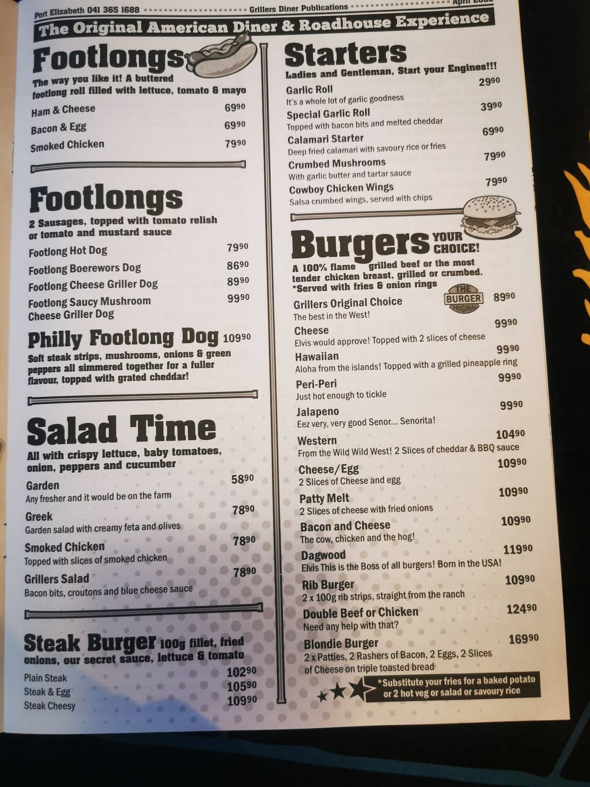 Menu at Grillers restaurant, Port Elizabeth