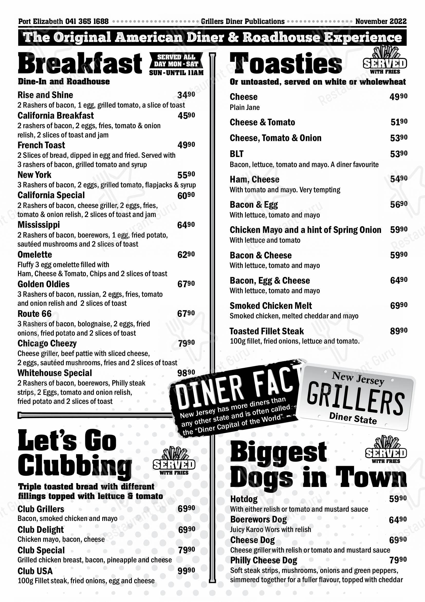 Menu at Grillers restaurant, Port Elizabeth