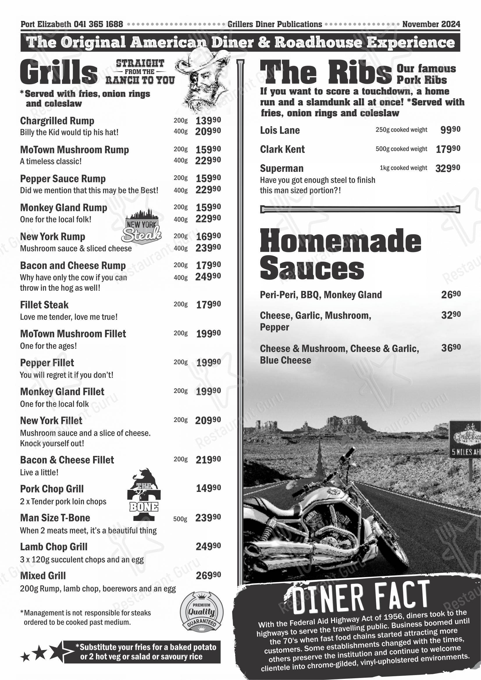 Menu at Grillers restaurant, Port Elizabeth