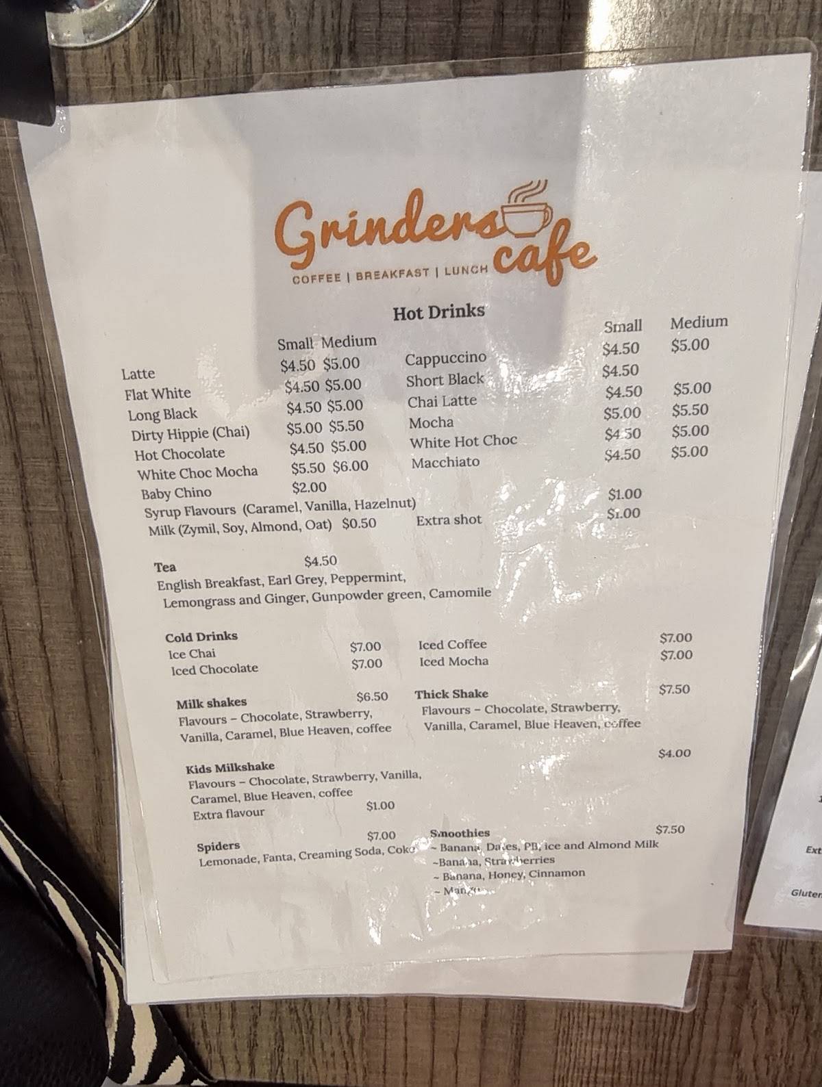 Menu at Grinders Cafe, Echuca