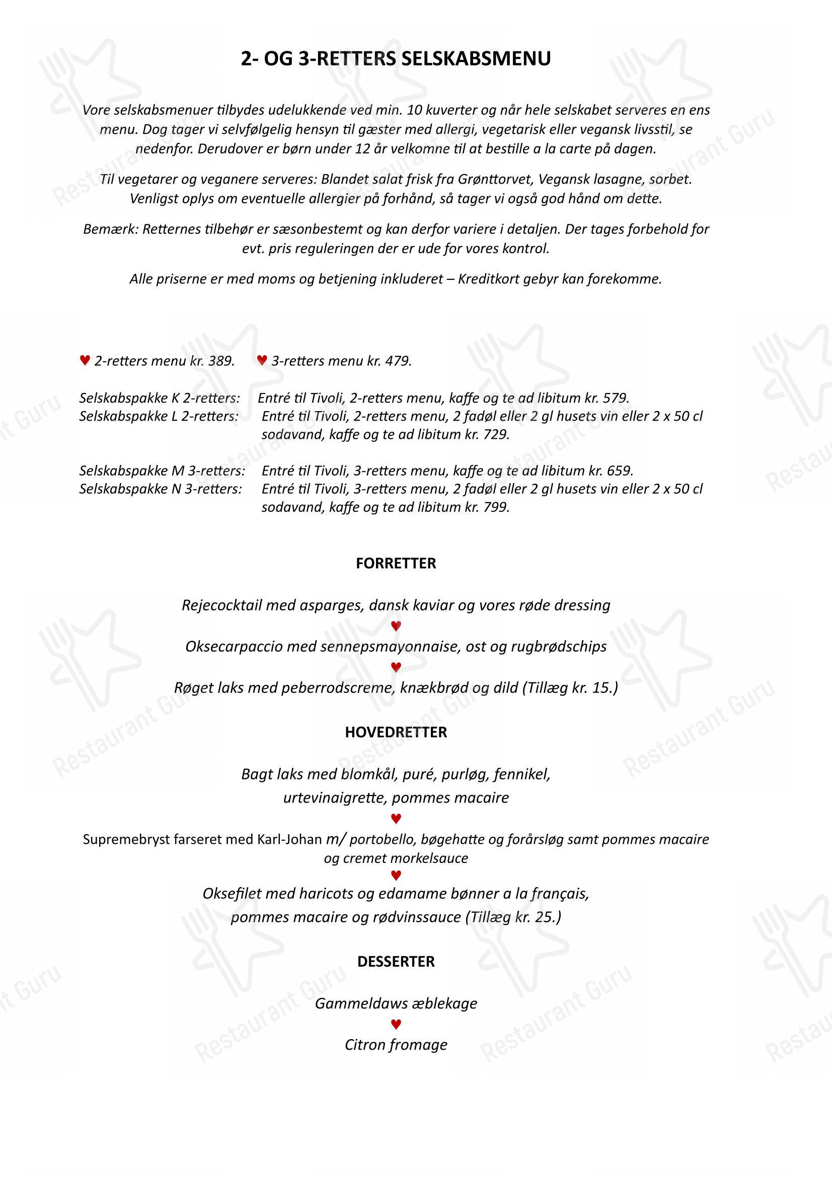 Menu at Grøften restaurant, Copenhagen
