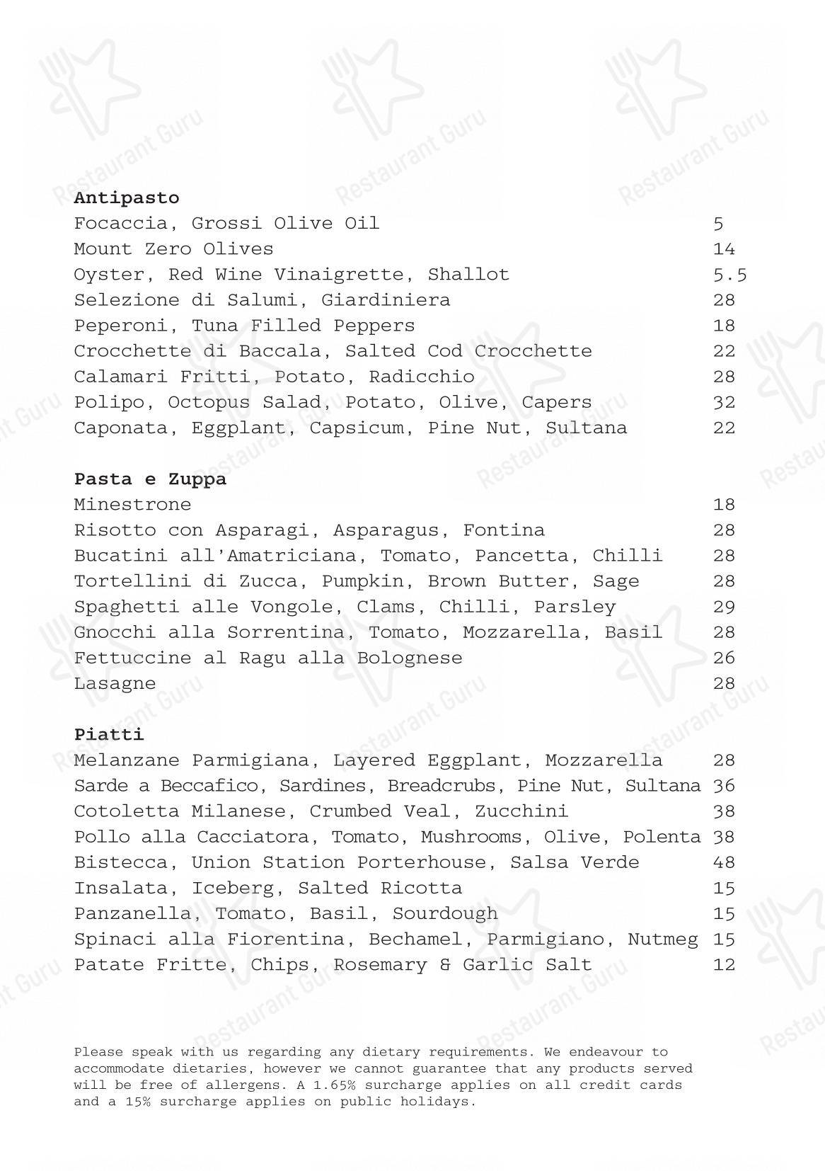 Menu at Grossi Florentino restaurant, Melbourne
