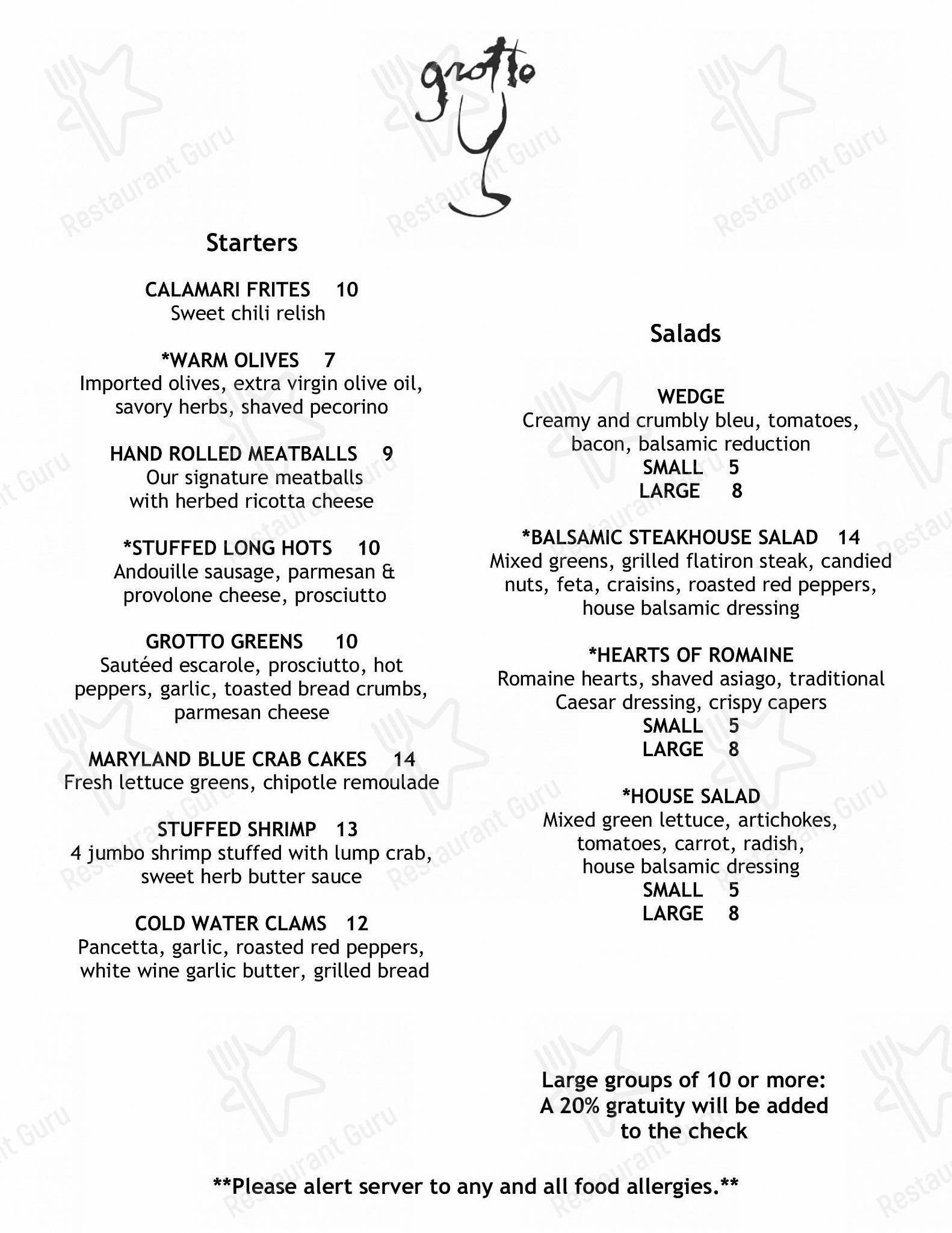 Menu at Grotto restaurant, North Syracuse