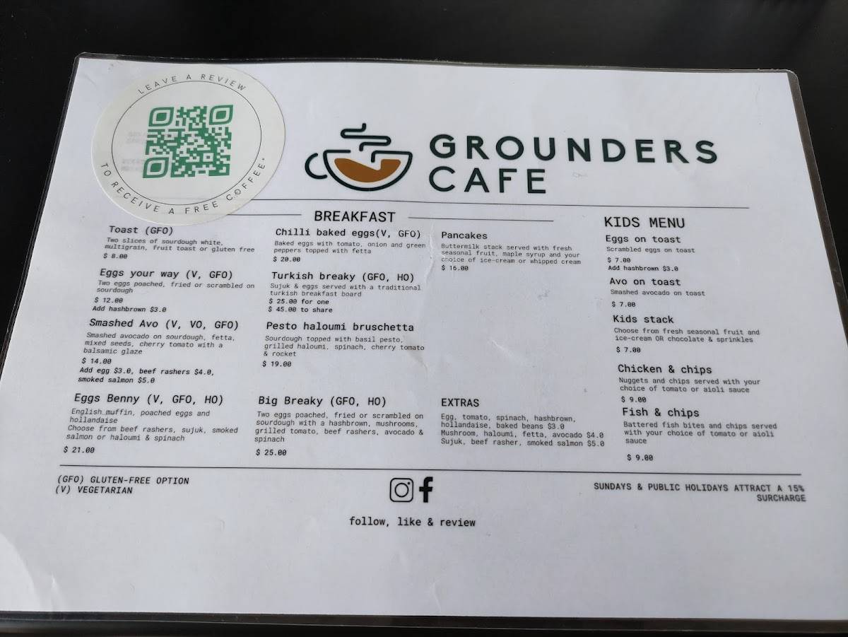 Menu at Grounders Cafe, Epping