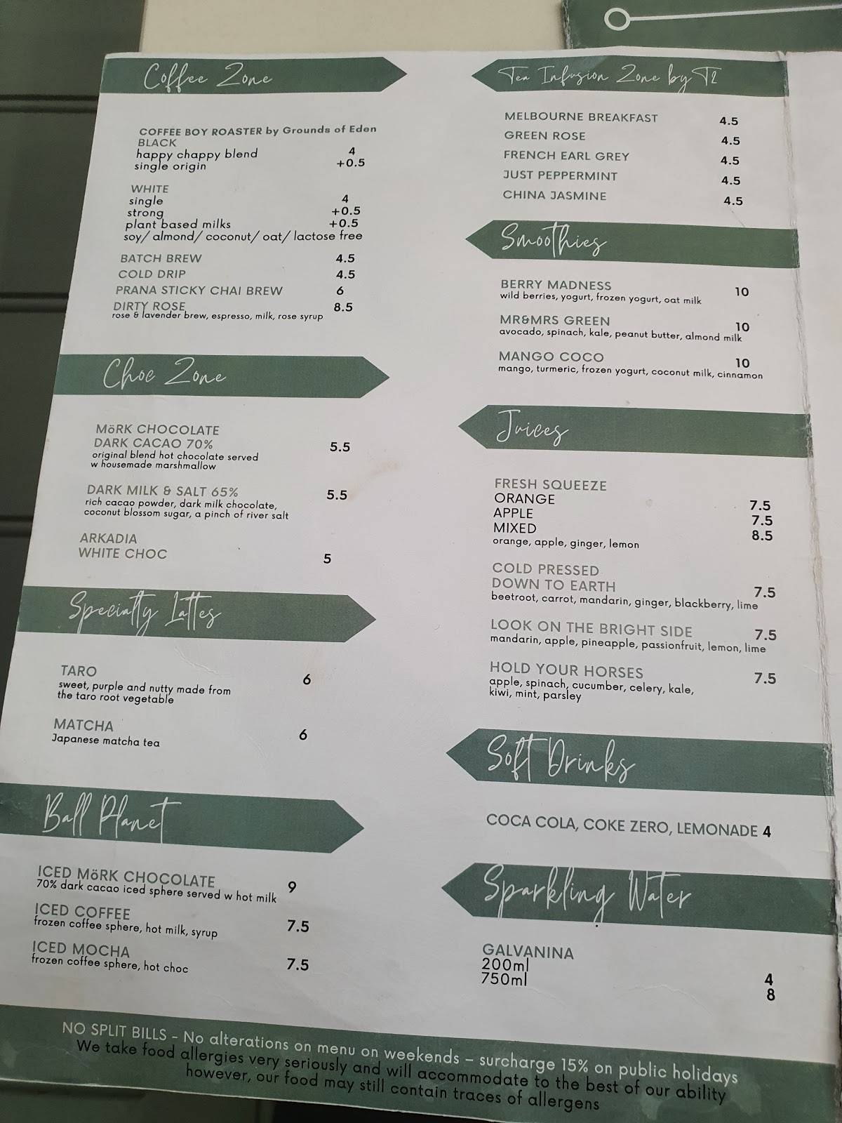 Menu at Grounds of Eden cafe, Coburg