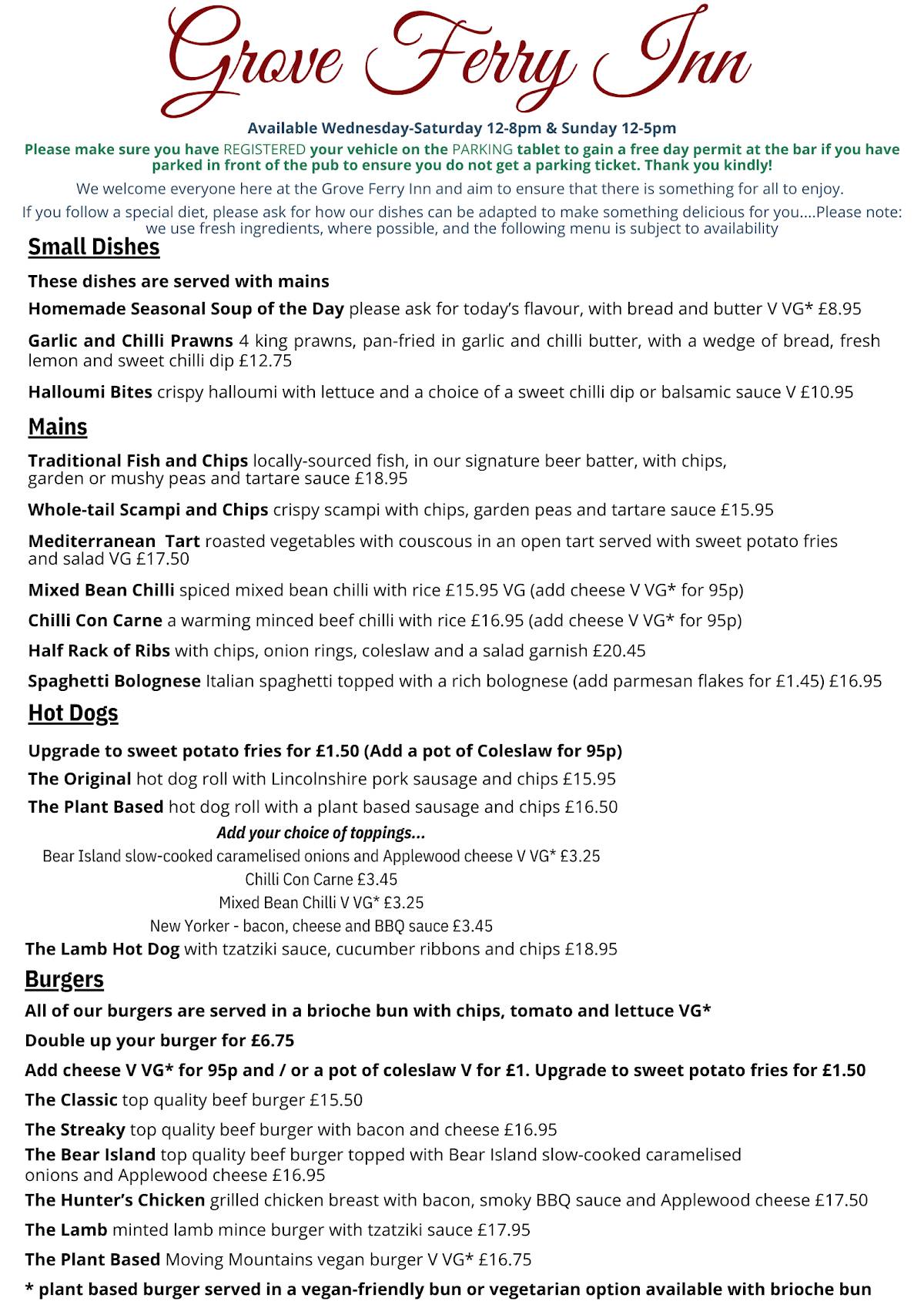 Menu at Grove Ferry Inn pub & bar, Littlebourne