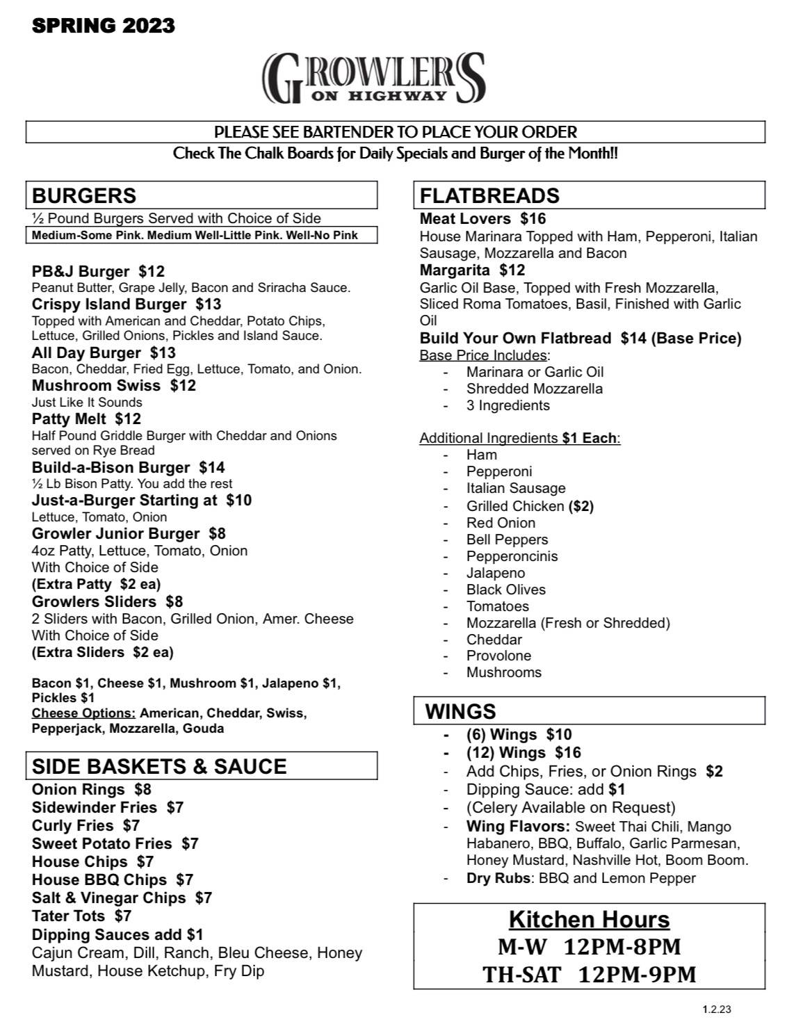 Menu at Growlers on Highway pub & bar, Highland