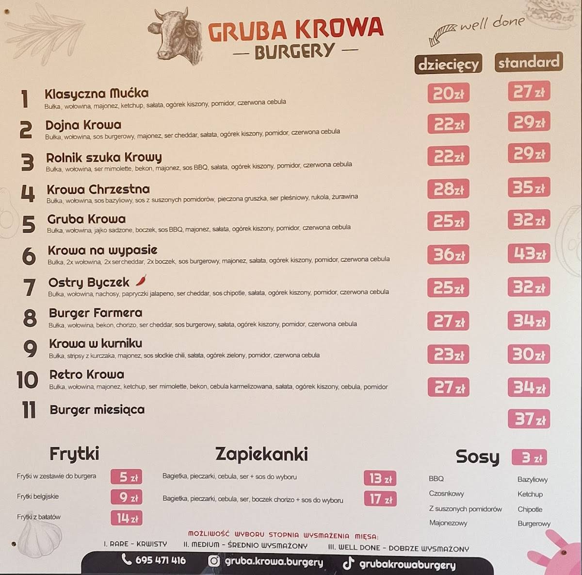 Carta del restaurante Gruba Krowa Burgery Olkusz, Olkusz