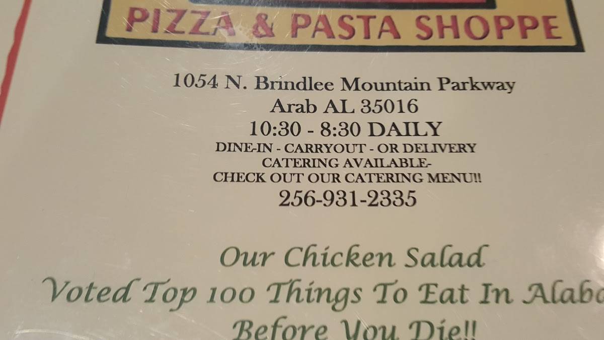 Menu at Grumpy's Pizza pizzeria, Arab
