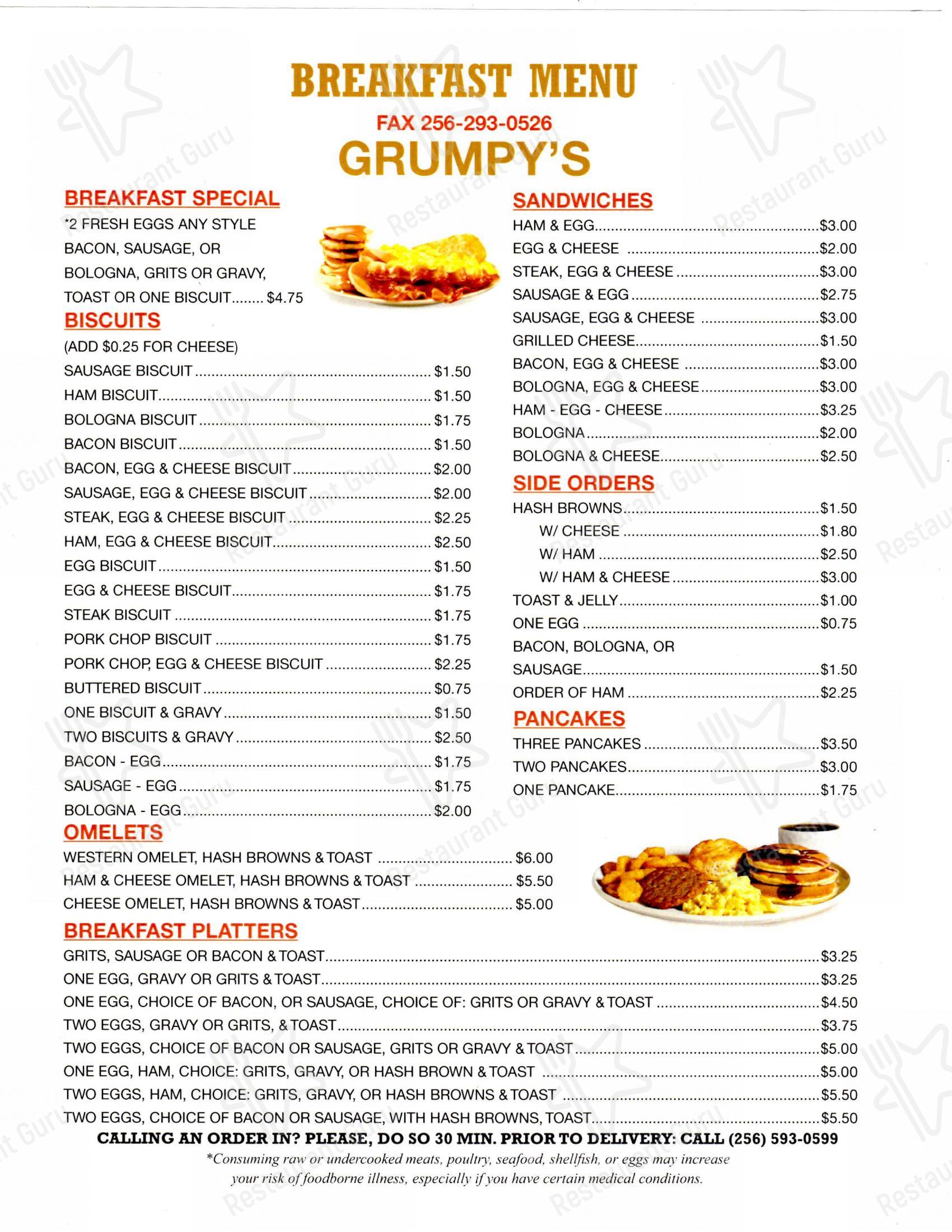 Menu at Grumpy's restaurant, Boaz, 425 South McClesky Suite 544