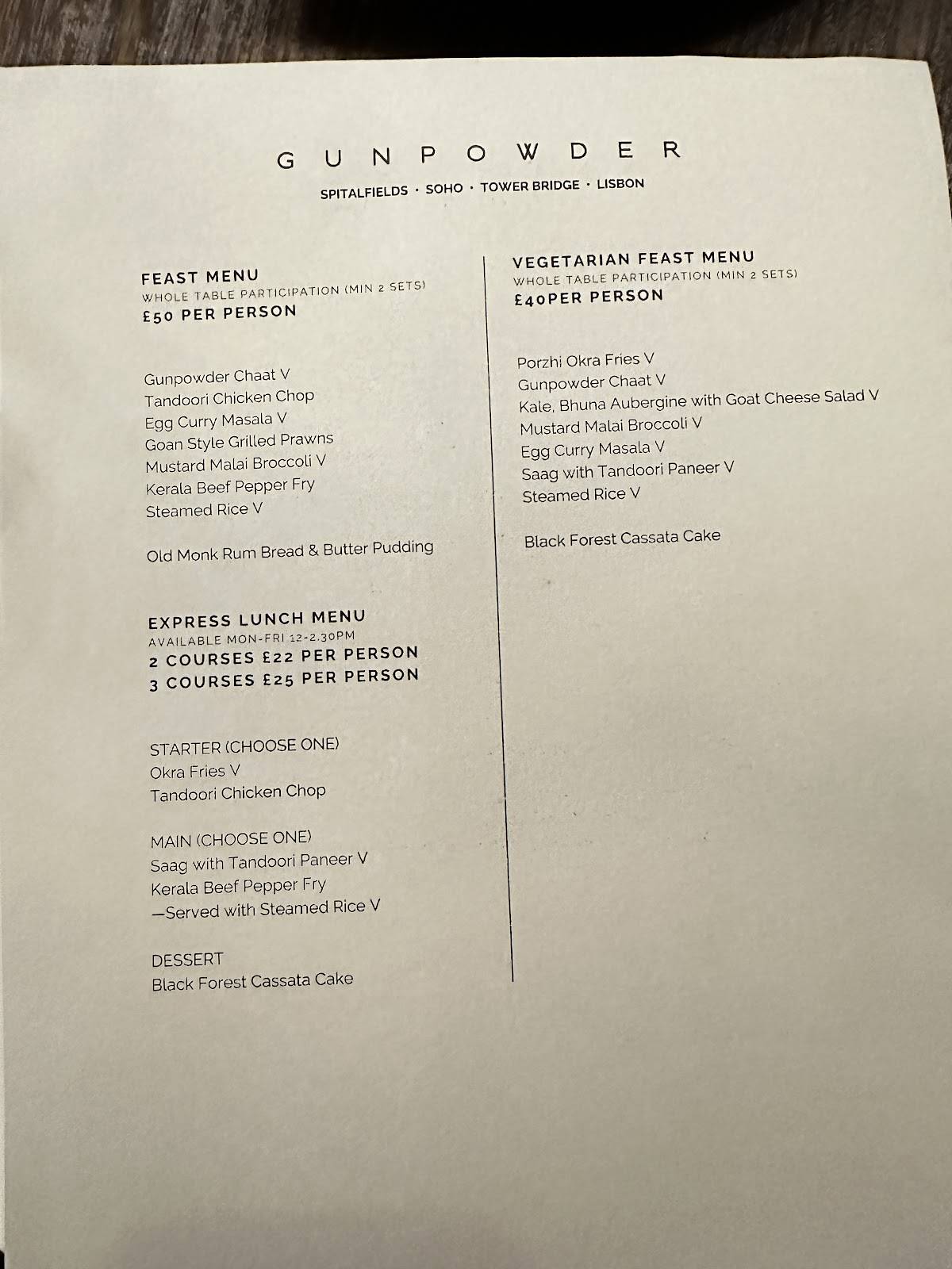 Menu at Gunpowder restaurant, London