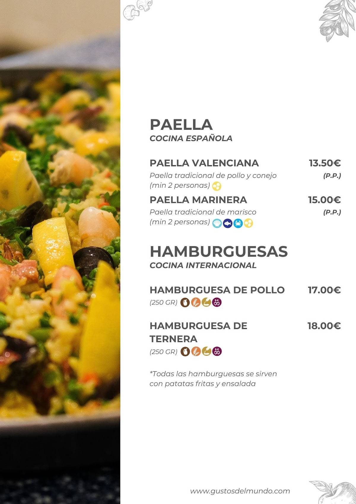 Carta del restaurante Gustos Del Mundo, Calpe