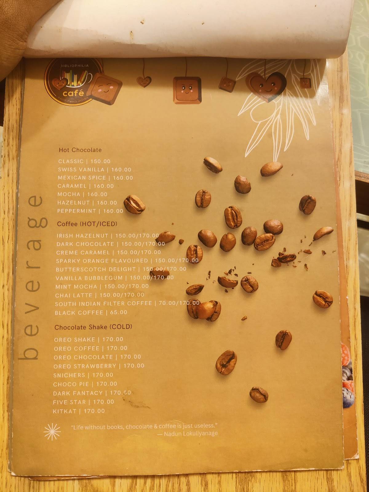 Menu at The Bibliophilia Café, Guwahati