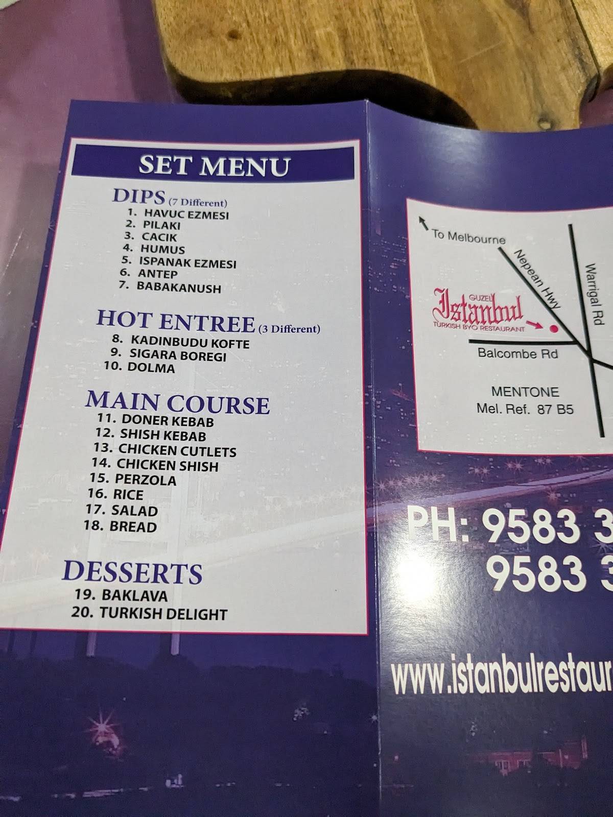 Menu at Guzel Istanbul restaurant, Mentone