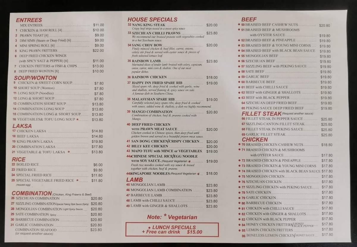 Menu at HAPPY INN CHINESE TAKEAWAY, Wauchope