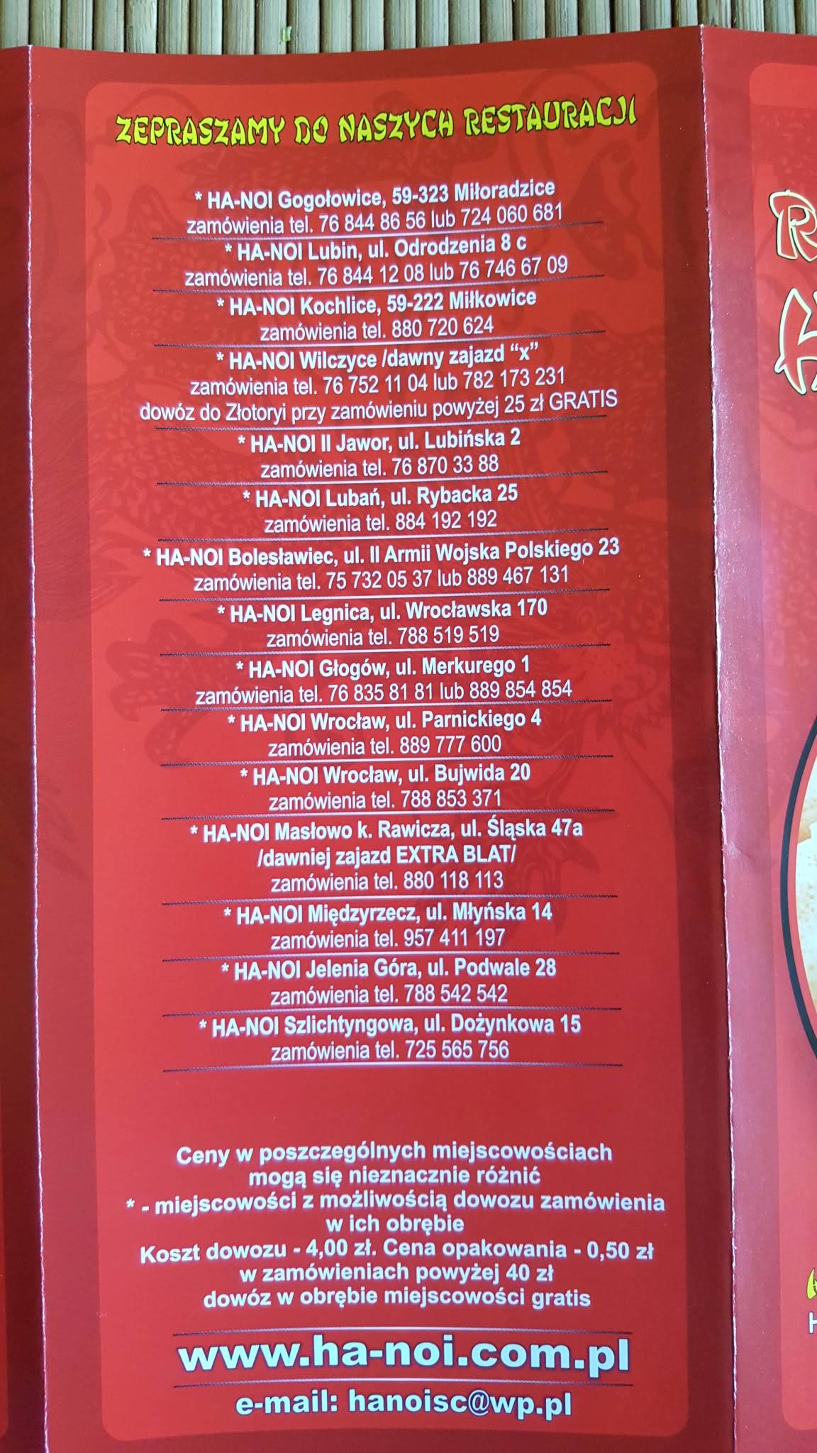 Menu at Ha-Noi u Jacentego restaurant, Boleslawiec