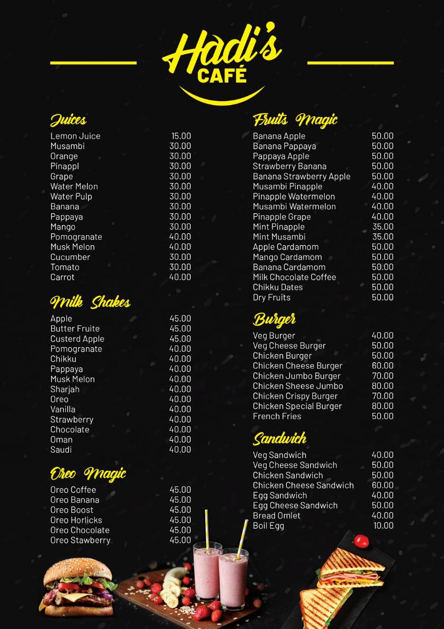 Menu at Hadi’s Cafe, Bengaluru, WJM5+C94