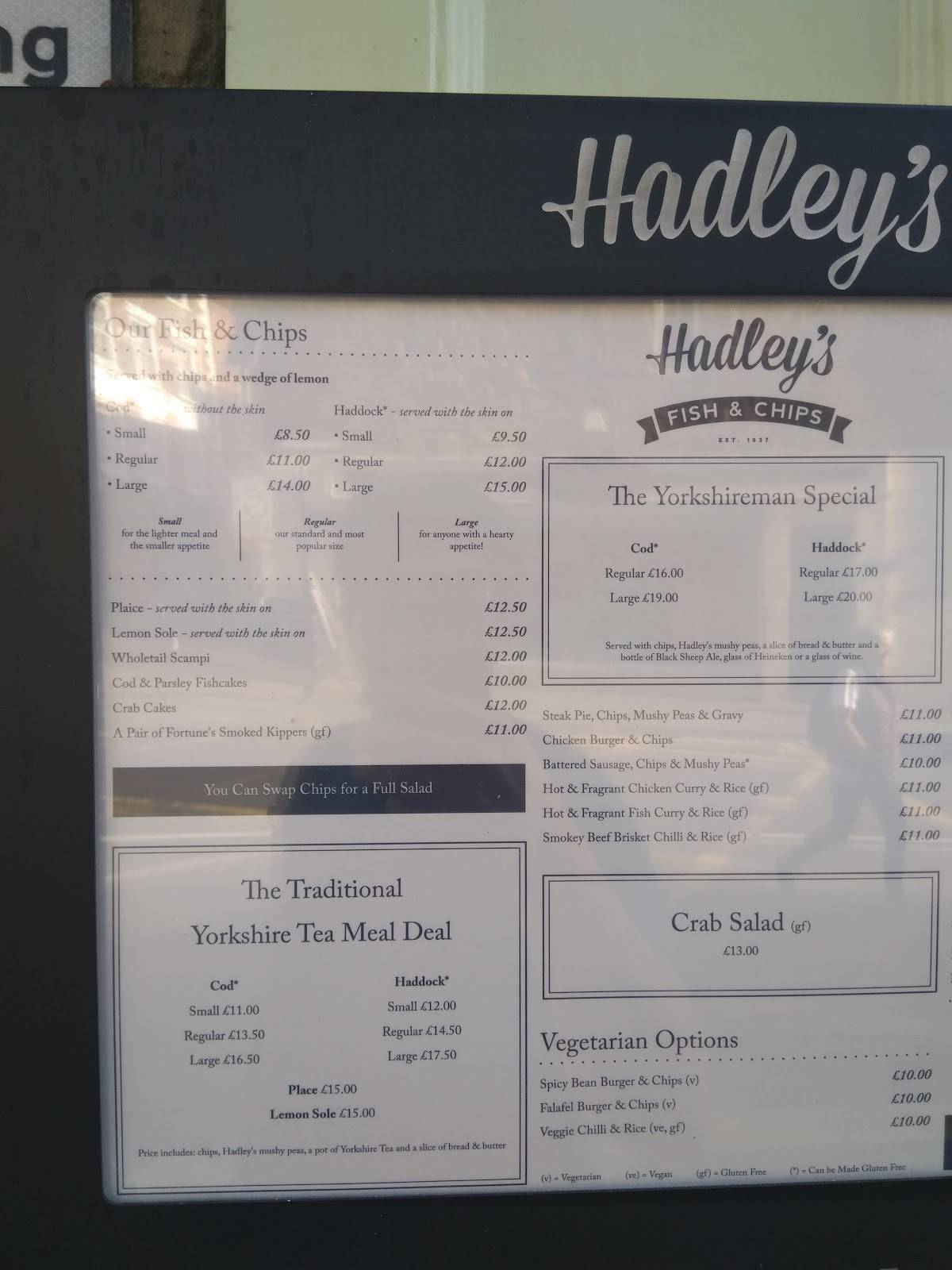 Menu at Hadley's Fish & Chips restaurant, Whitby