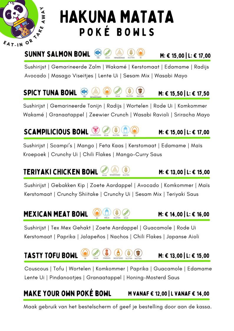 Menu au Hakuna Matata Poké Bowl & Bubble Tea, Furnes