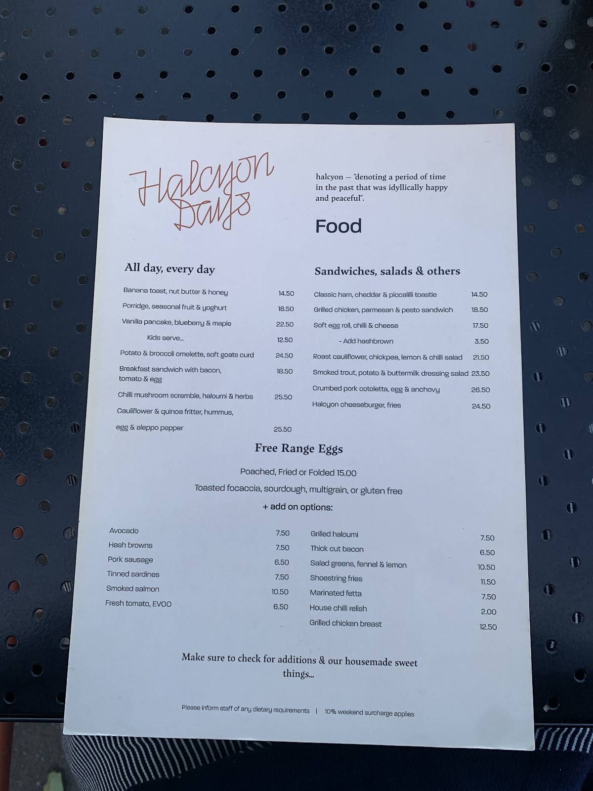 Menu at Halcyon Days cafe, Albert Park