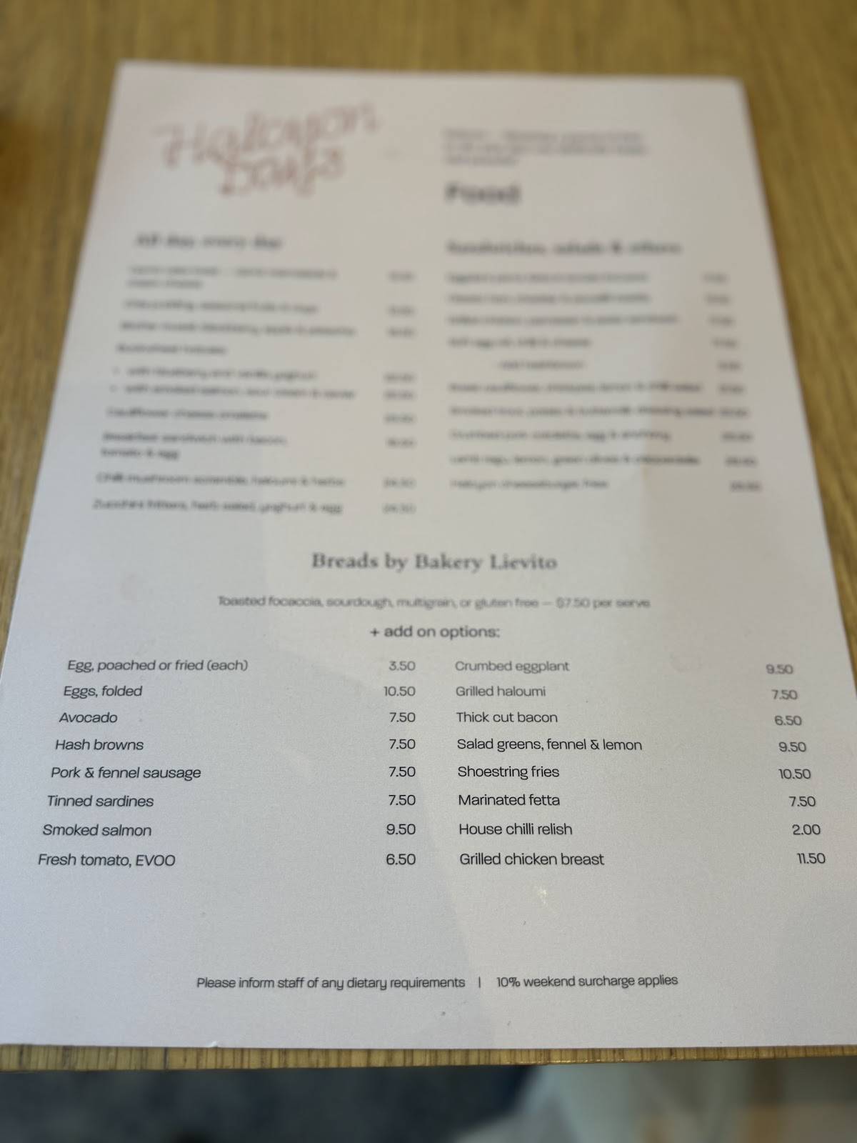 Menu at Halcyon Days cafe, Albert Park