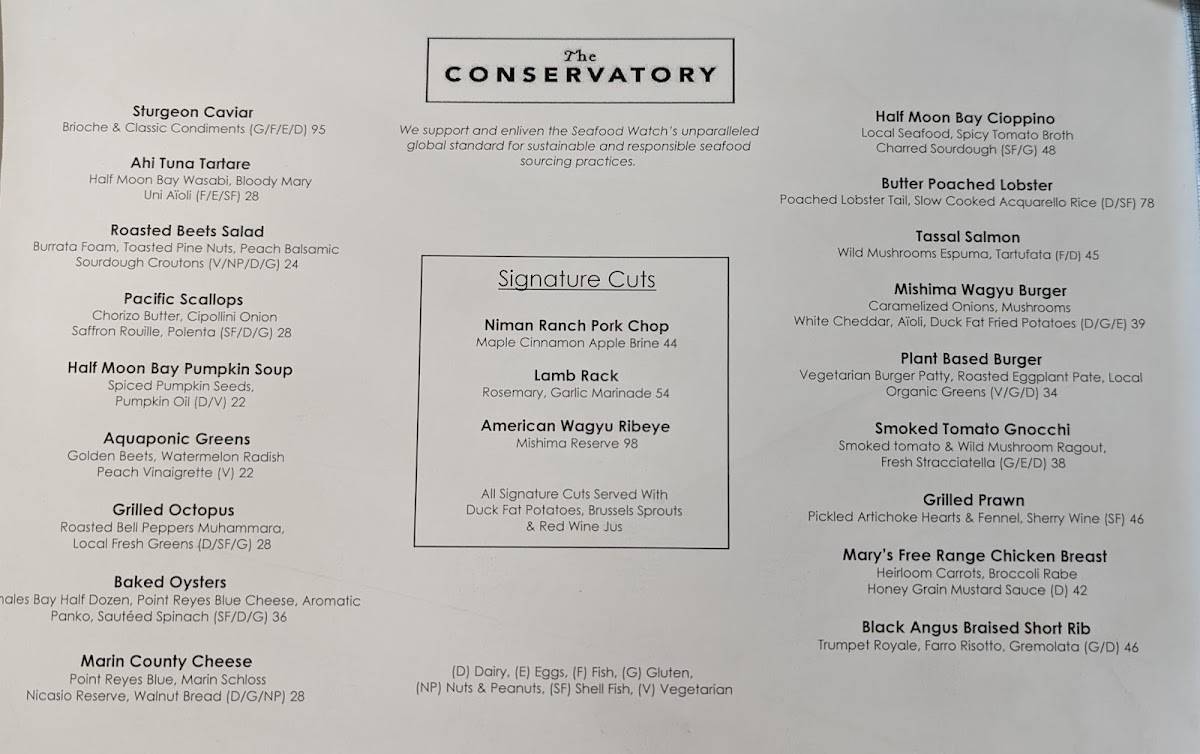 Menu at The Conservatory restaurant, Half Moon Bay