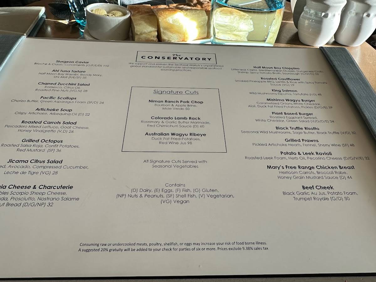 Menu at The Conservatory restaurant, Half Moon Bay