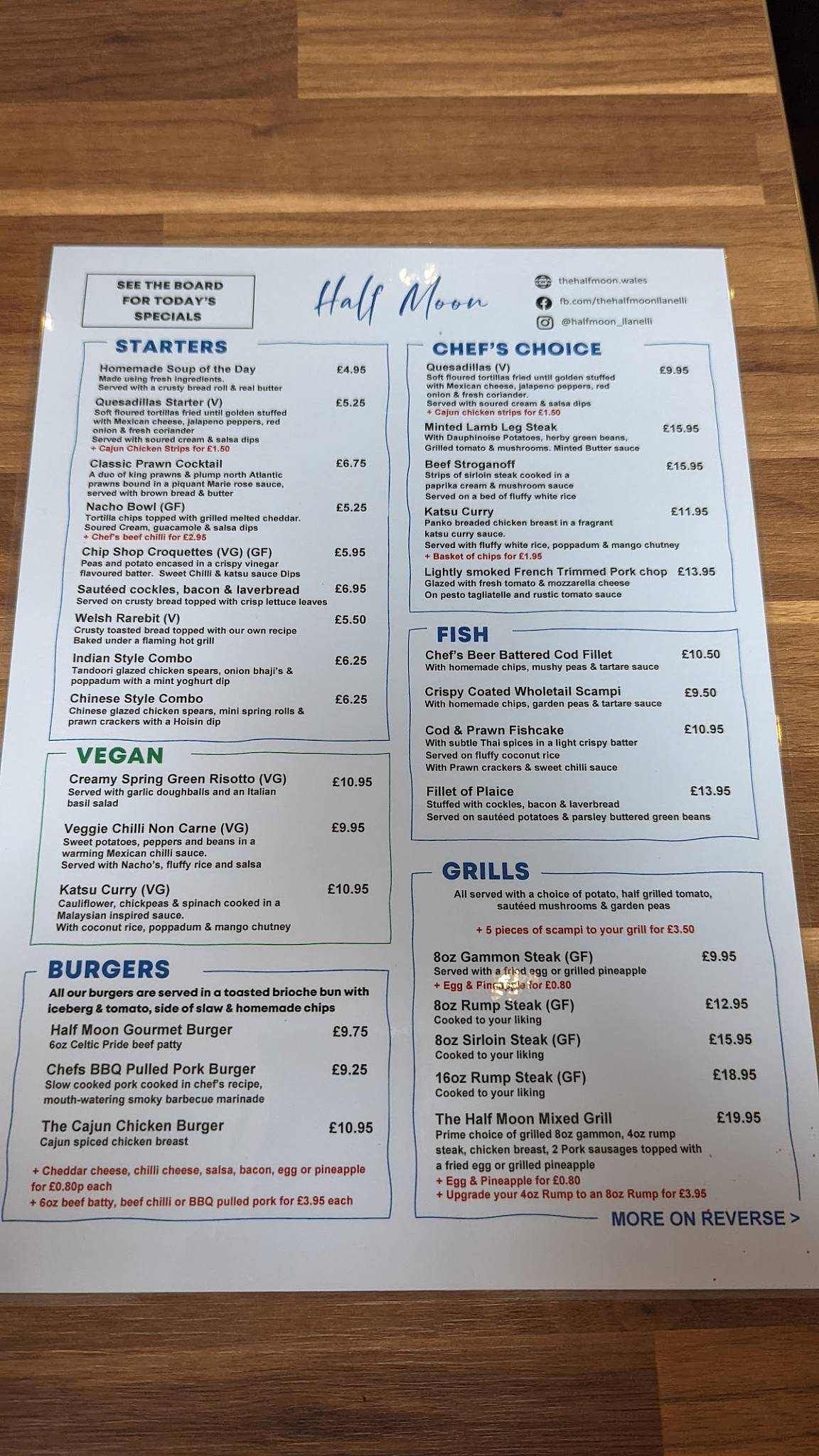 Menu at Half Moon pub & bar, Llanelli