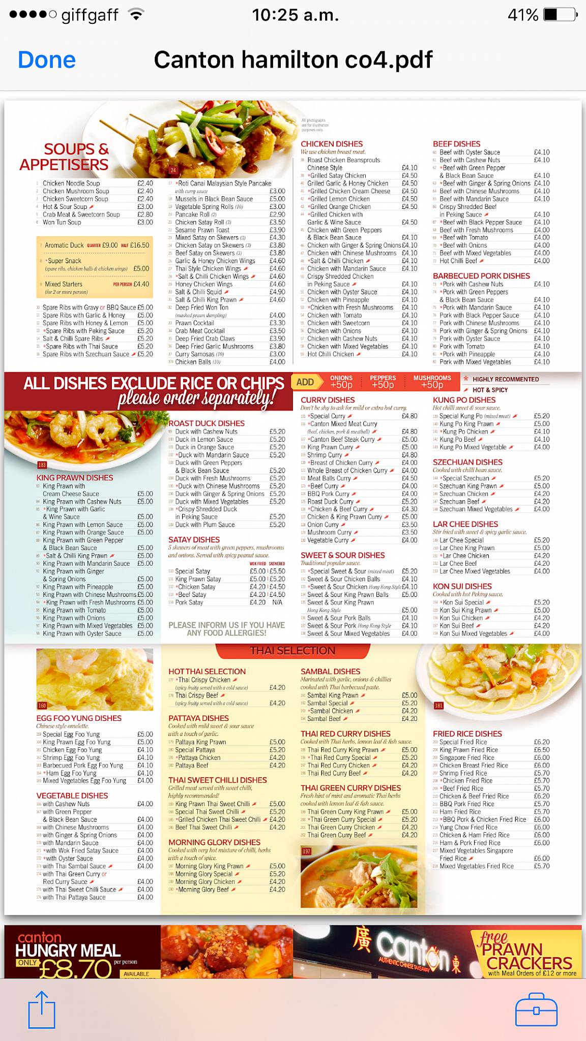 Menu at Canton restaurant, Hamilton, 216-218 Low Waters Rd