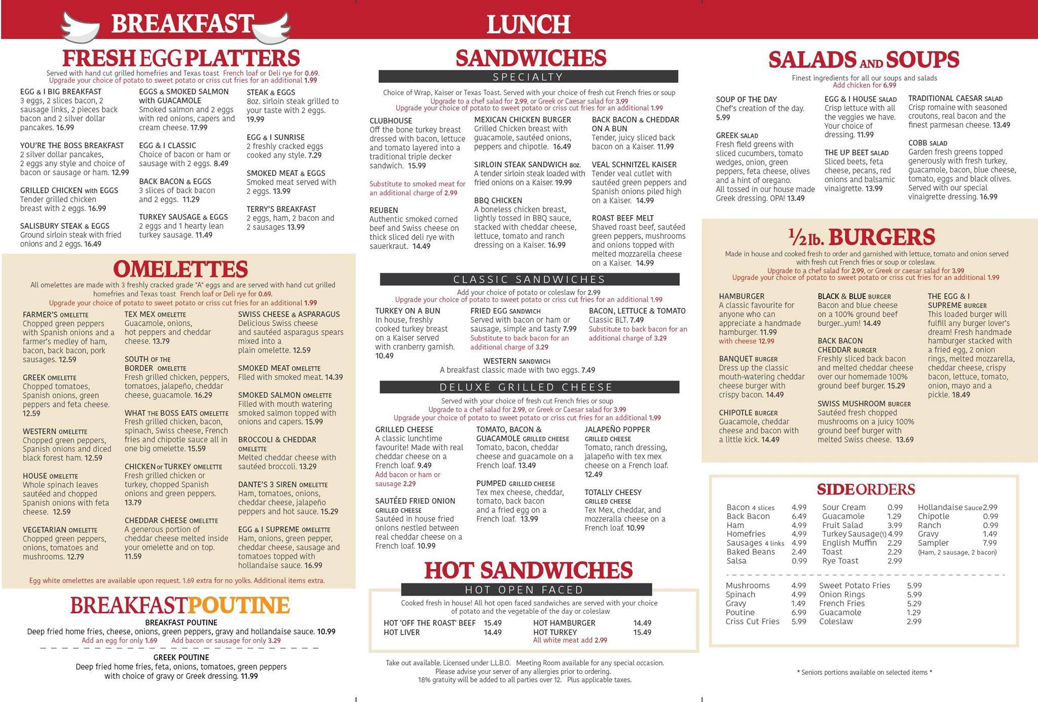 Menu at Egg & I restaurant, Hamilton, Upper James St