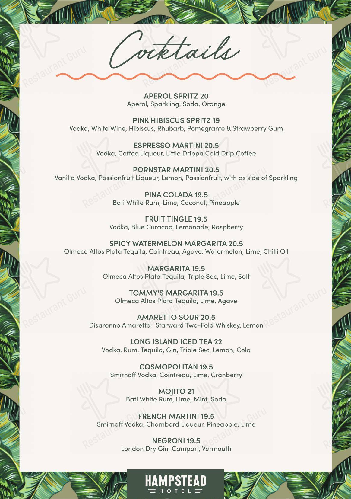 Menu at Hampstead Hotel pub & bar, Collinswood, 143 North East Road